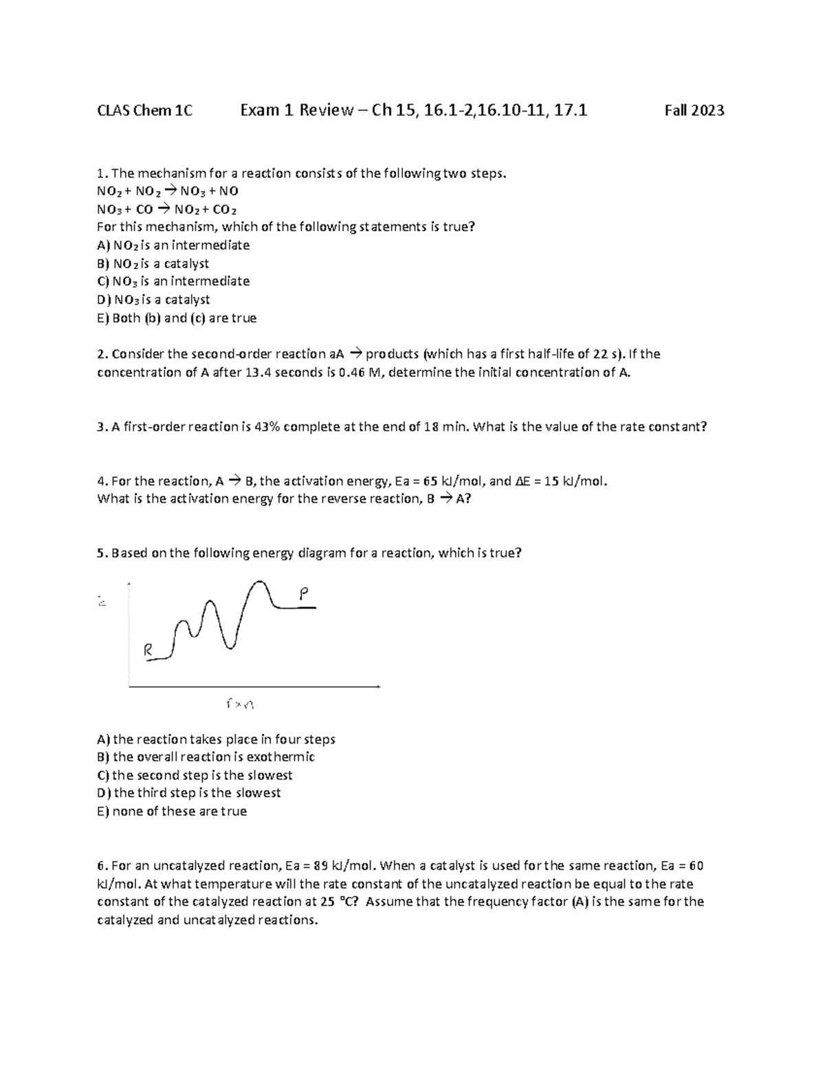 1C Fa23 Exam 1 Review - practice - CLAS Chem 1C Exam 1 Review – Ch 15 ...