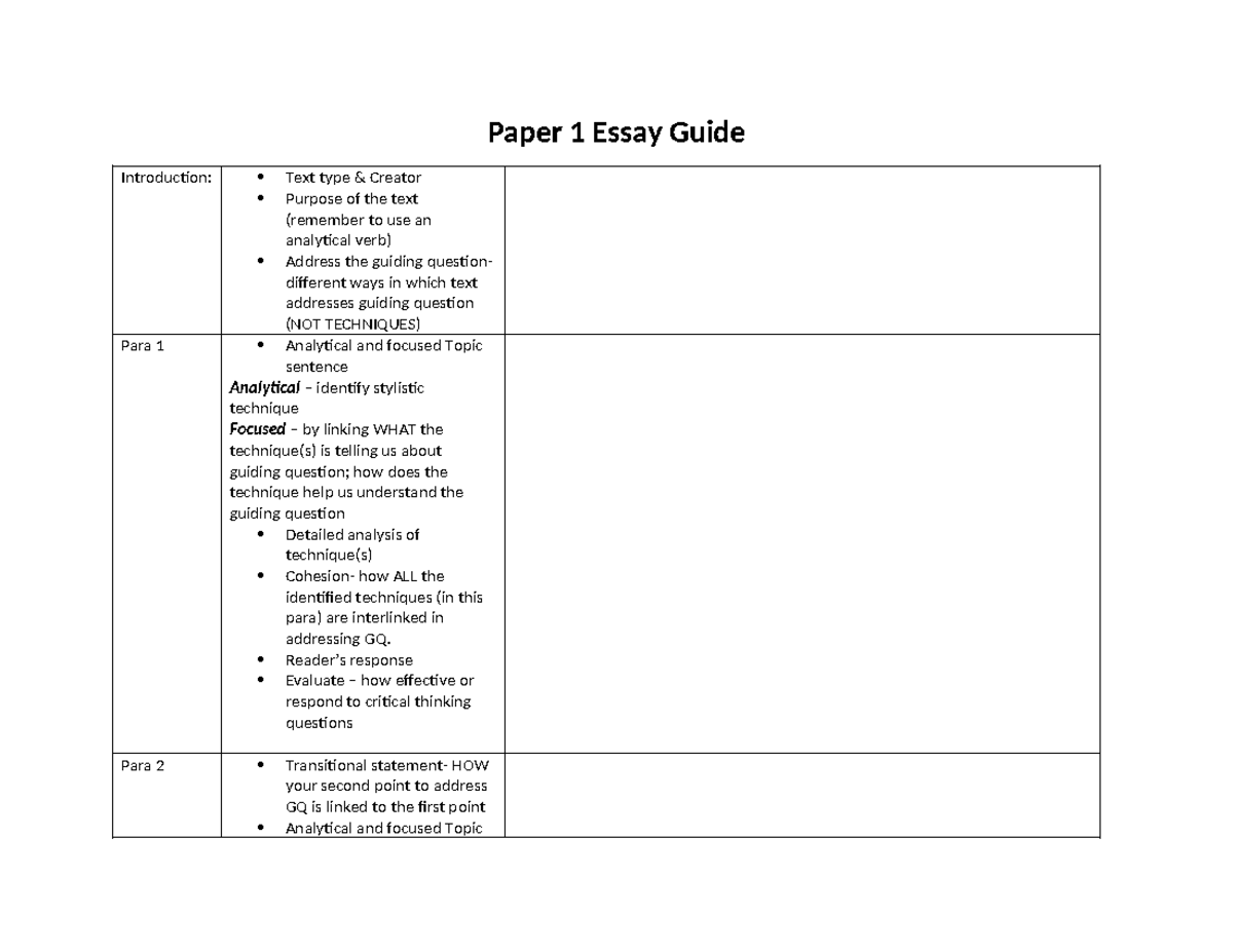 Paper 1 Essay Guide - Paper 1 Essay Guide Introduction: Text type ...