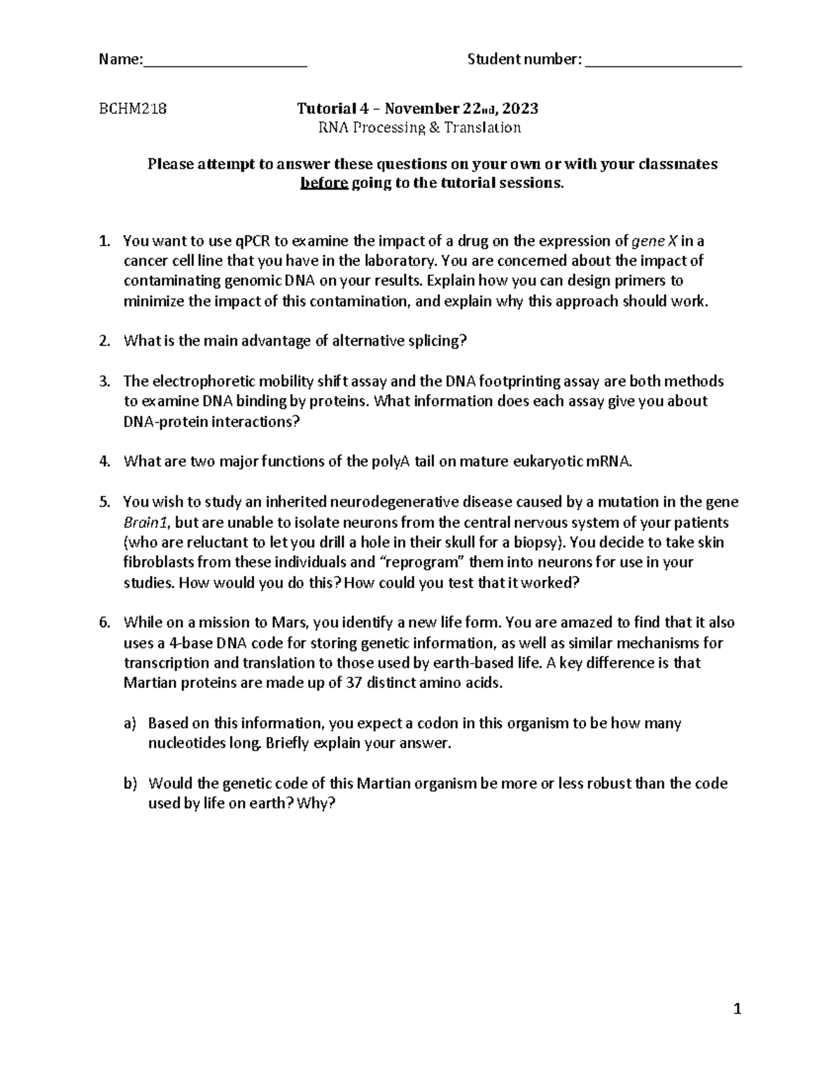 BCHM- Fall 2023 - Name:____________________ Student number ...