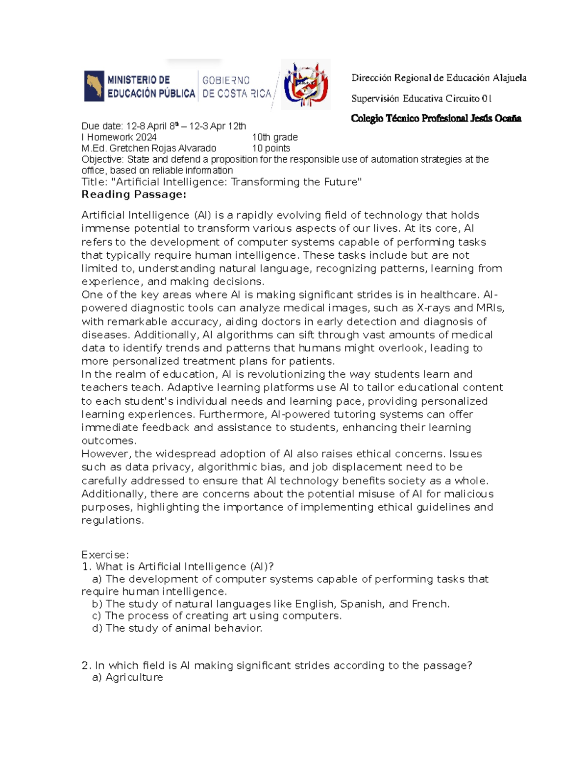 I Homework 10th - Tarea - Due date: 12-8 April 8th – 12-3 Apr 12th I ...