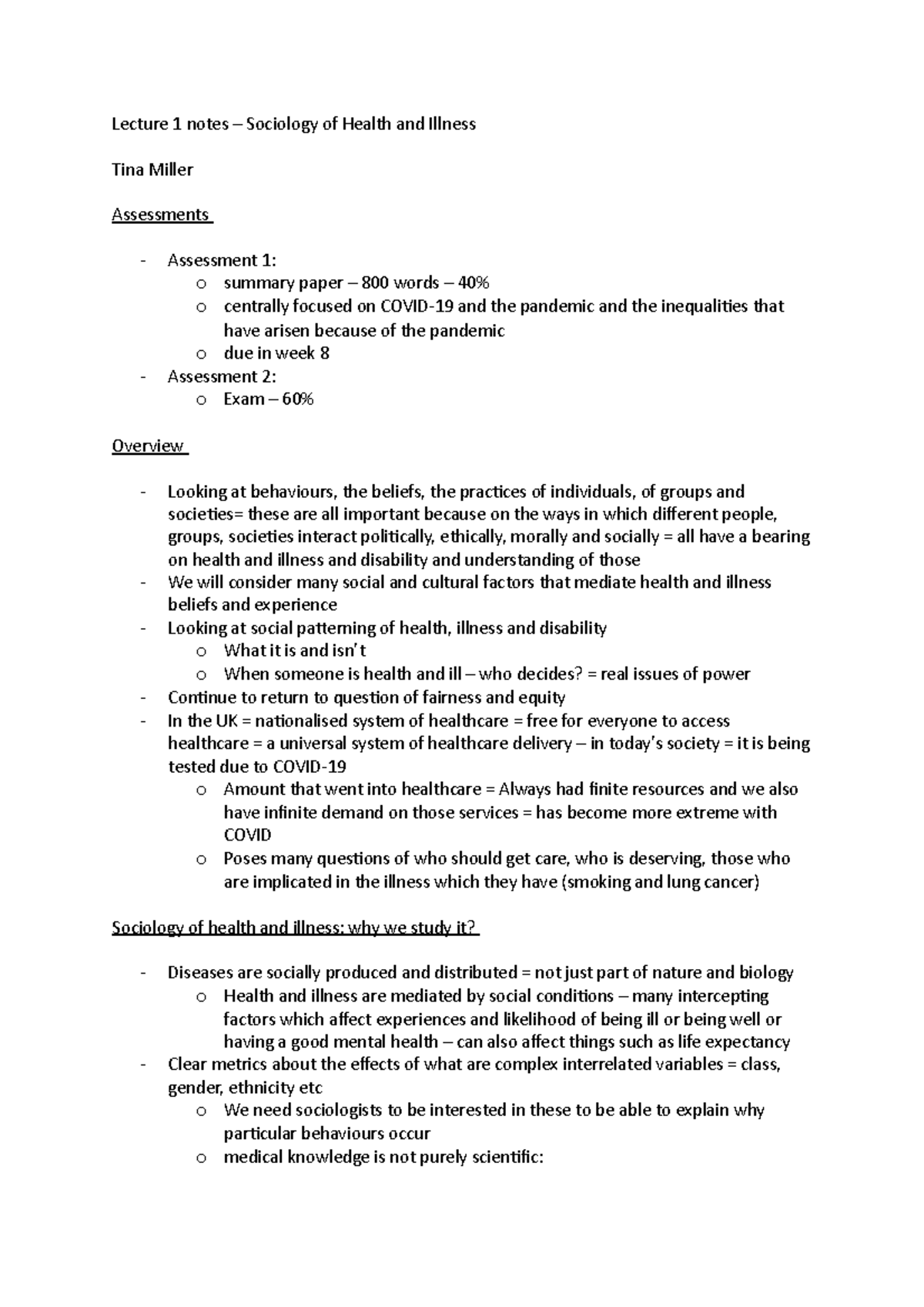 Lecture notes week 1 - overview of module - Lecture 1 notes – Sociology ...