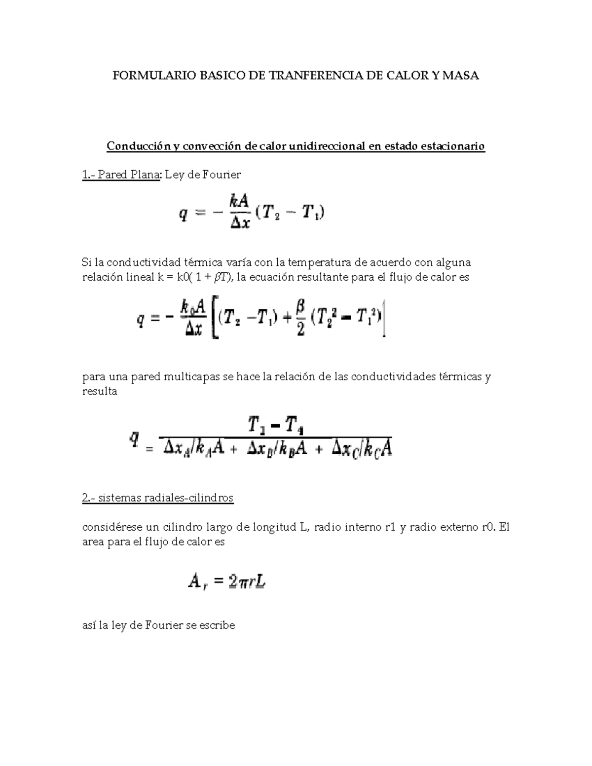 Formulario Basico DE Tranferencia DE Calor Y MASA - FORMULARIO BASICO DE TRANFERENCIA DE CALOR Y ...