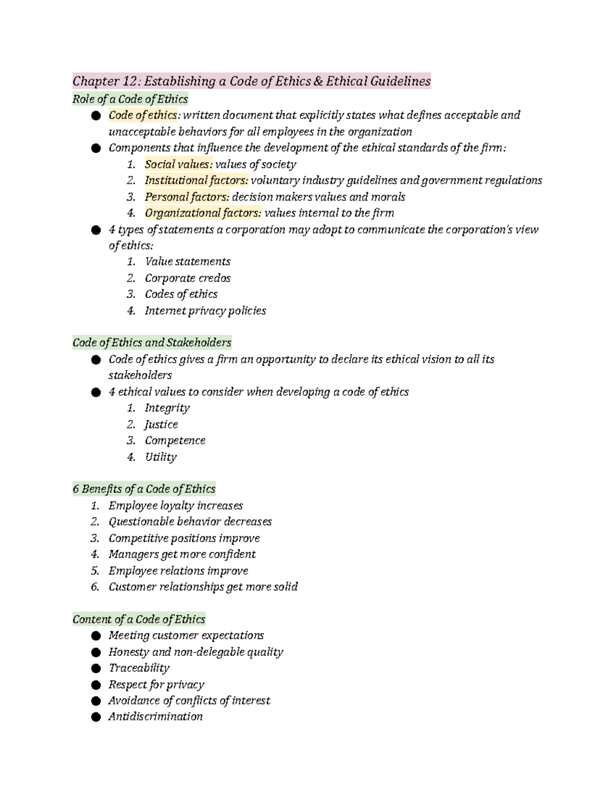Exam 4 Notes and Concepts - Chapter 12: Establishing a Code of Ethics ...