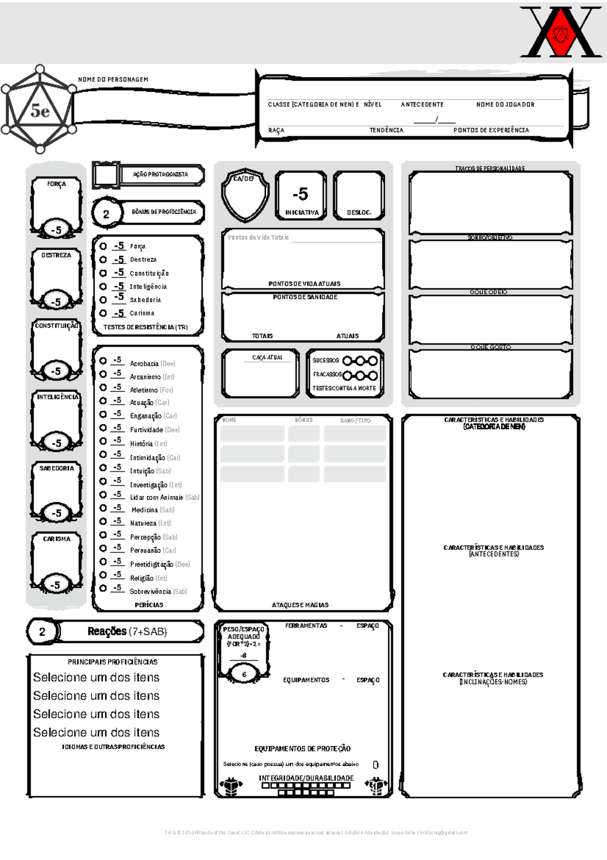 Hunter x Hunter 5e RPG - Ficha - Editável - Força Destreza Constituição ...