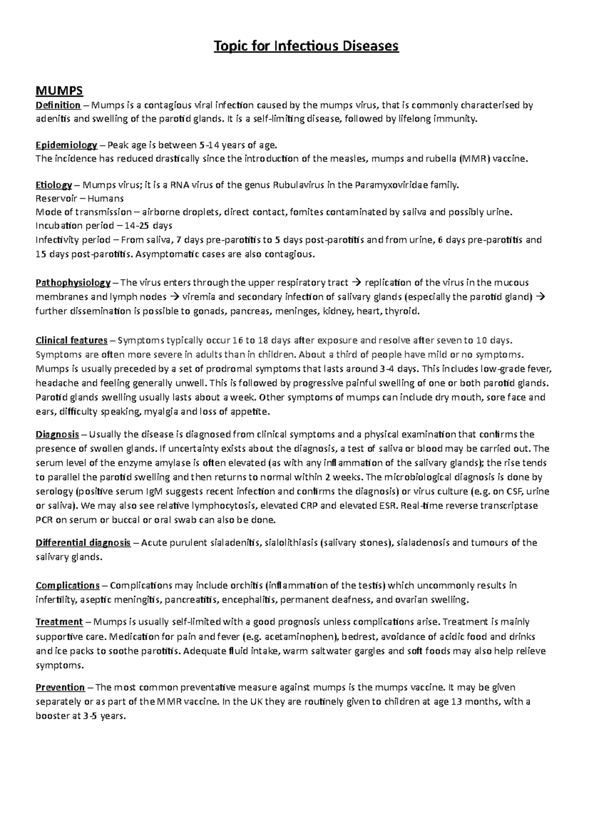 Mumps notes - Topic for Infectious Diseases MUMPS Definition – Mumps is ...