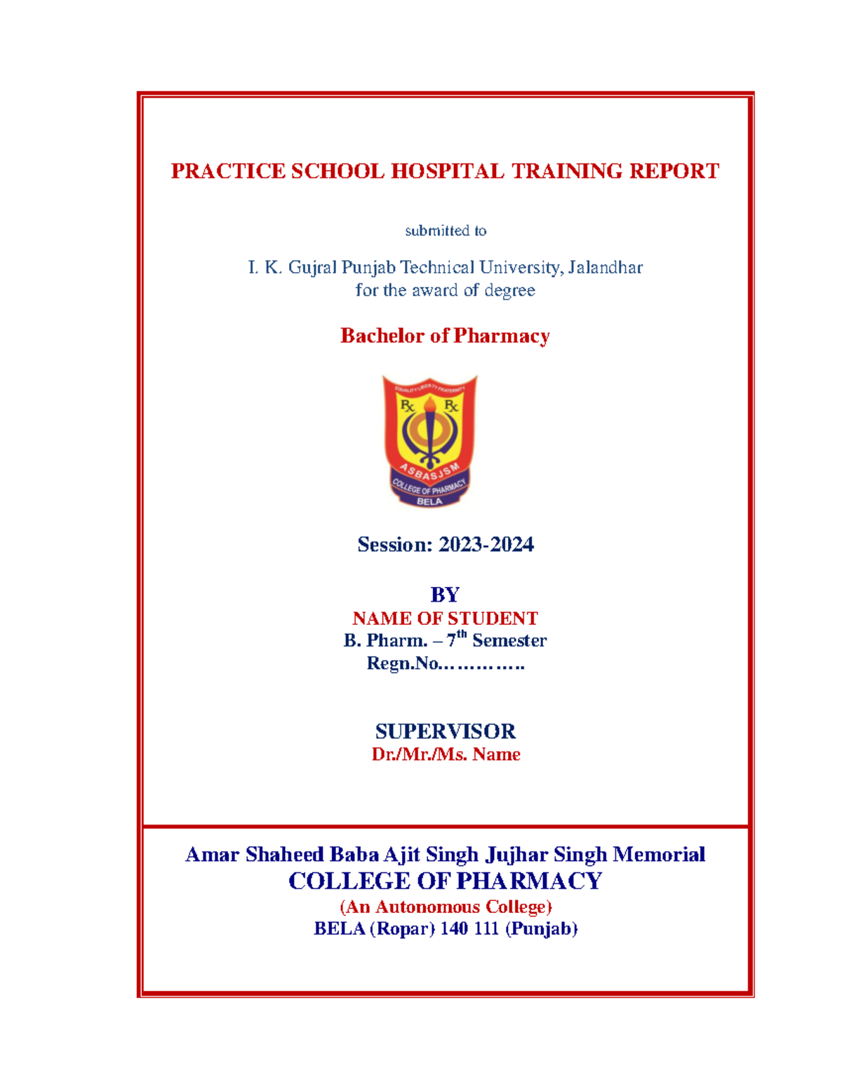 Cover Page Hospital training 2023 - Pharmacy Practice - PRACTICE SCHOOL ...