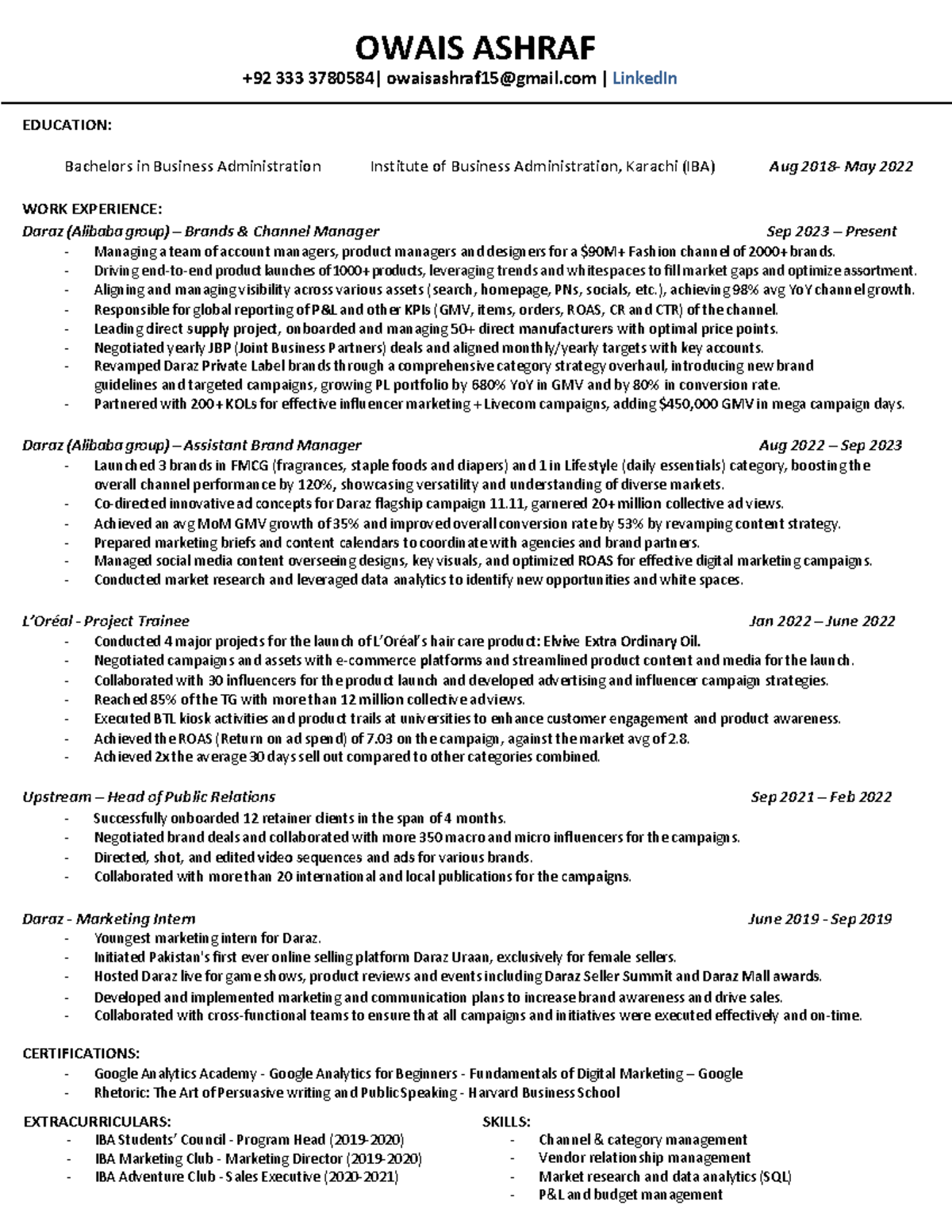 Resume format - OWAIS ASHRAF +92 333 3780584| owaisashraf15@gmail ...