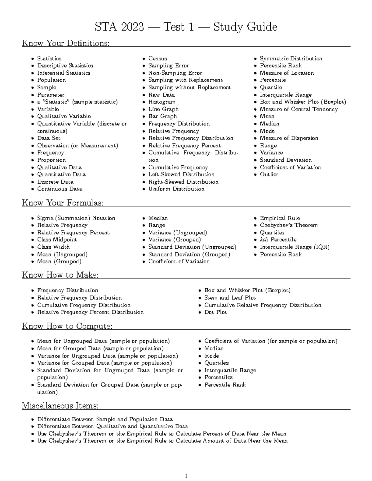 STA2023 test1 study guide - STA 2023 — Test 1 — Study Guide Know Your ...