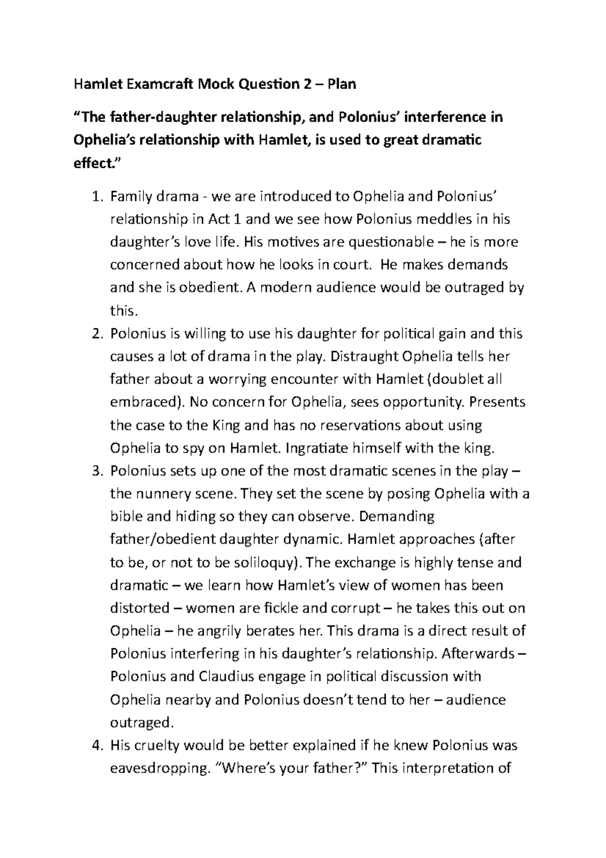 Father-Daugher Relationship Essay - Hamlet Examcraft Mock Question 2 ...