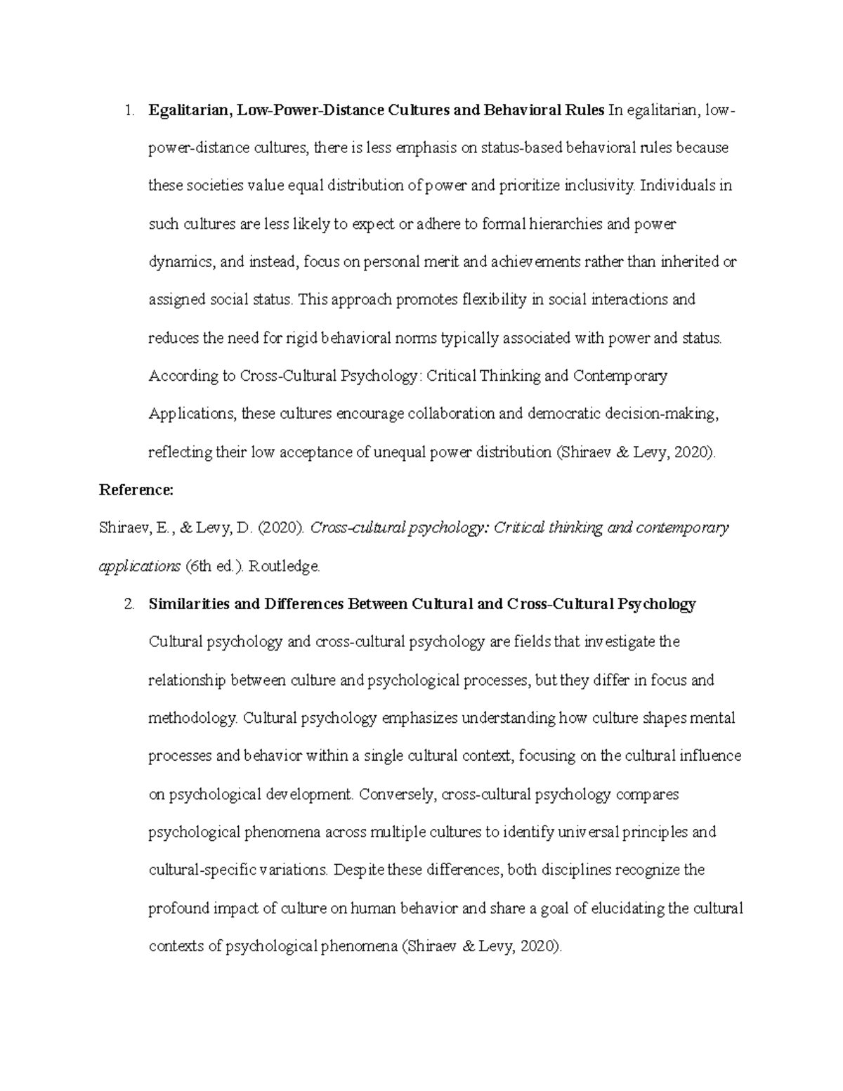 Journal 1 cross cultural - Egalitarian, Low-Power-Distance Cultures and ...