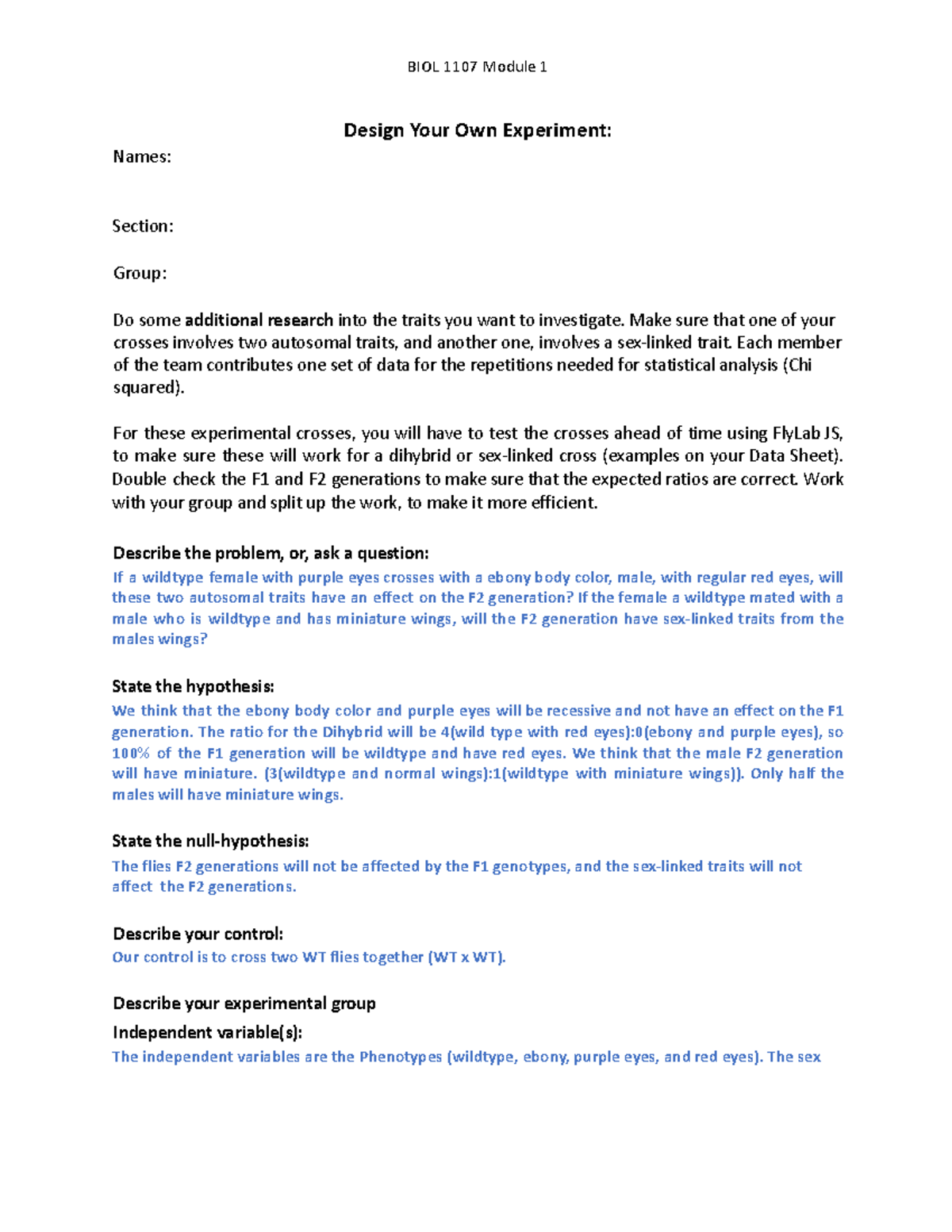 Mod1 Design Your Experiment 1107 - BIOL 1107 Module 1 Design Your Own ...