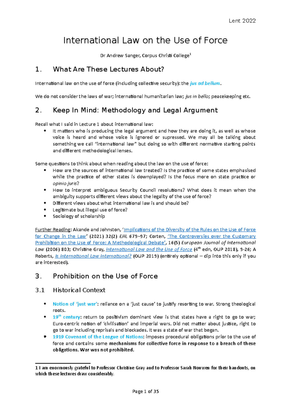 ILL17 Use of force - lecture notes - International Law on the Use of ...