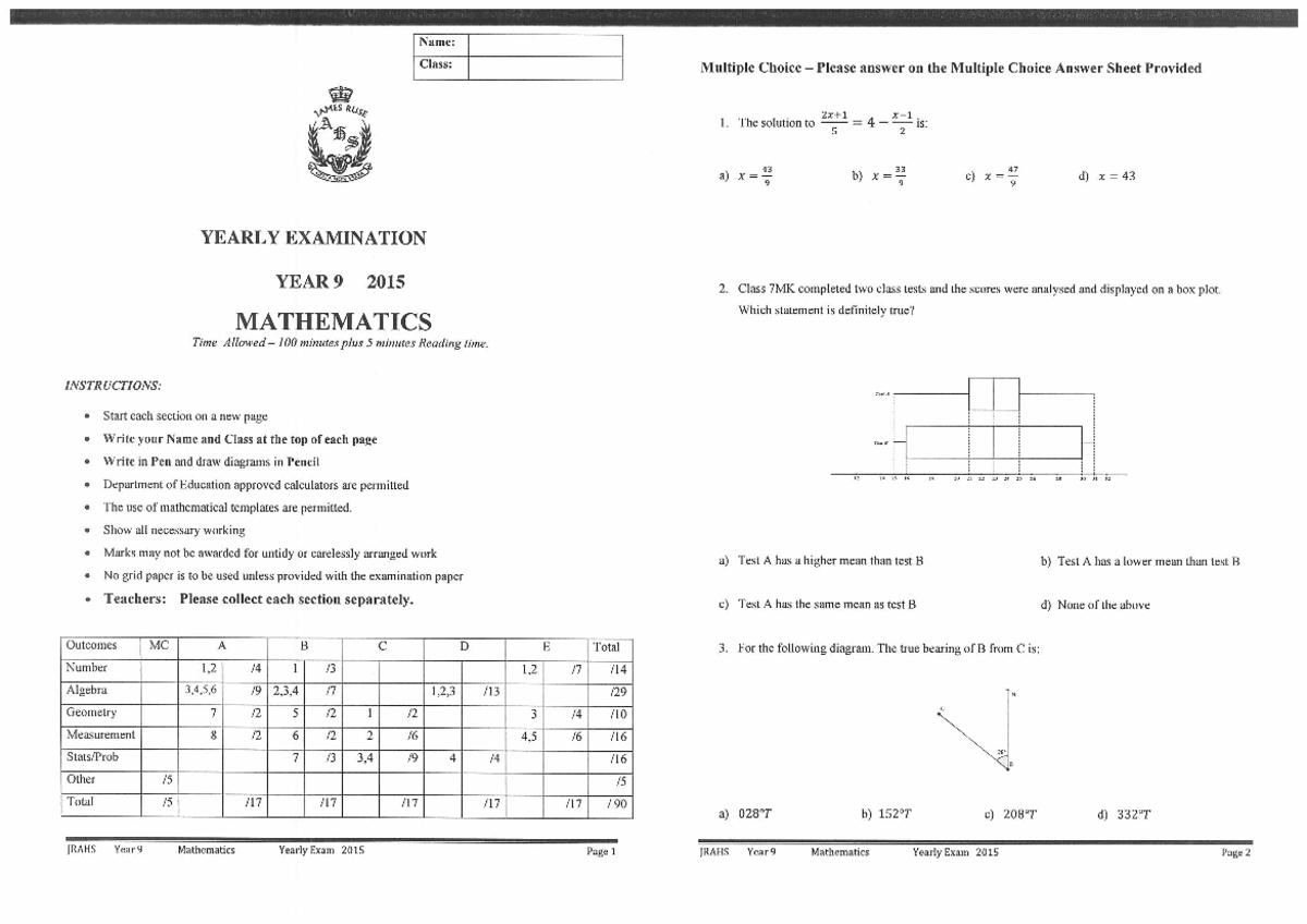 James Ruse 2015 Year 9 Maths Yearly - Studocu