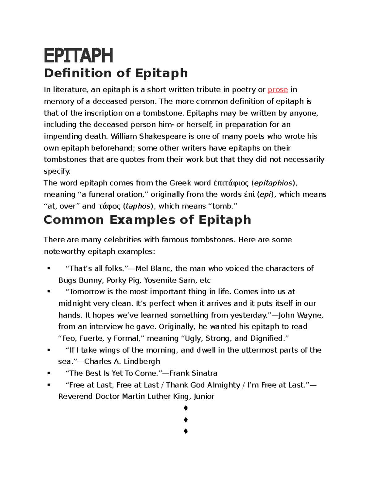 Epitaph - lecture notes - EPITAPH Definition of Epitaph In literature ...
