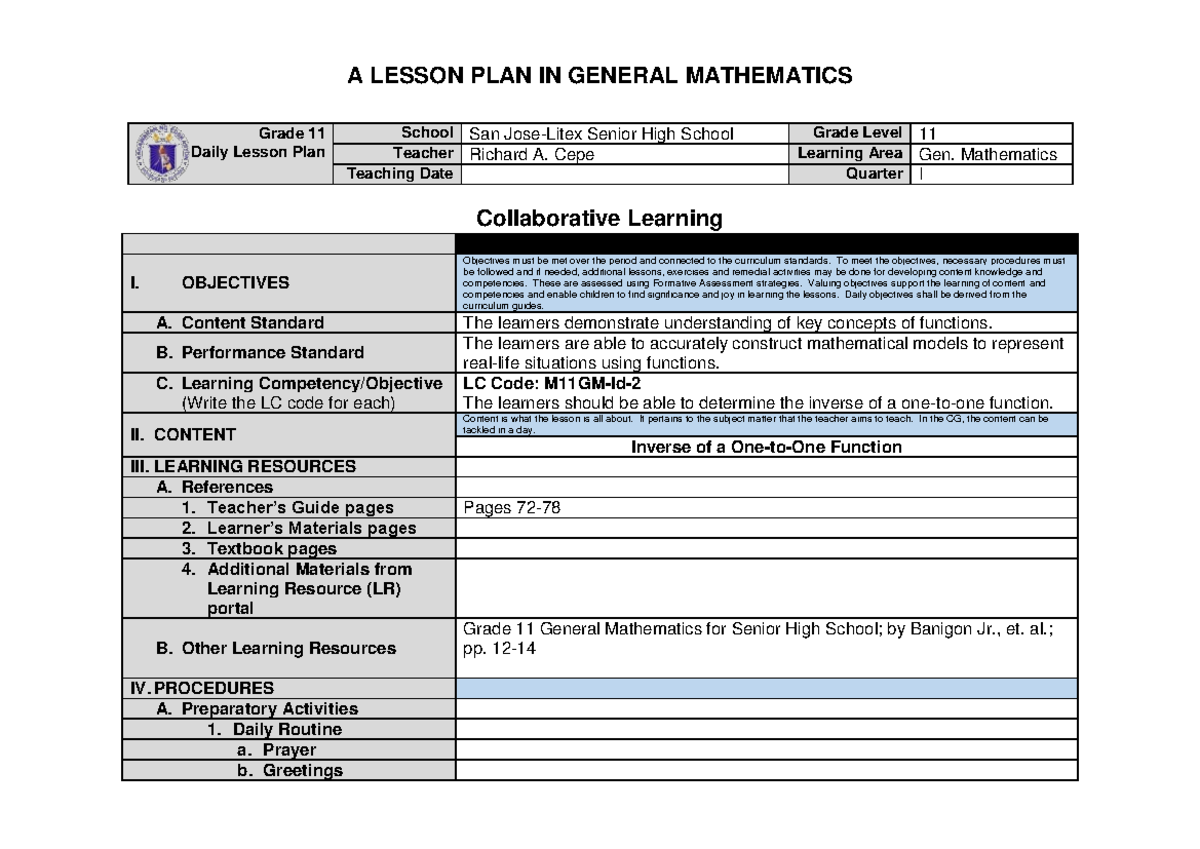A collaborative dlp on inverse function final dlp - A LESSON PLAN IN ...