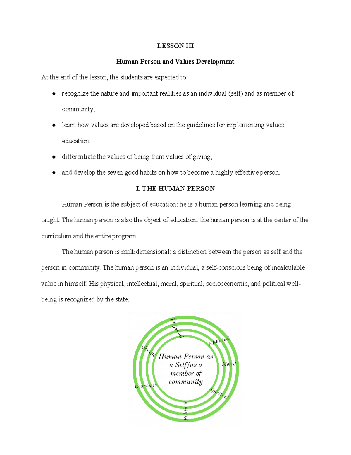 Lesson III - Basahin niyo nalang - LESSON III Human Person and Values ...
