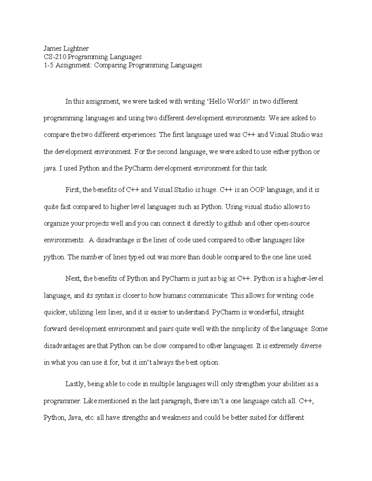 1-5 Assingment- Comparing Programming Languages - James Lightner CS-210 Programming Languages 1 ...