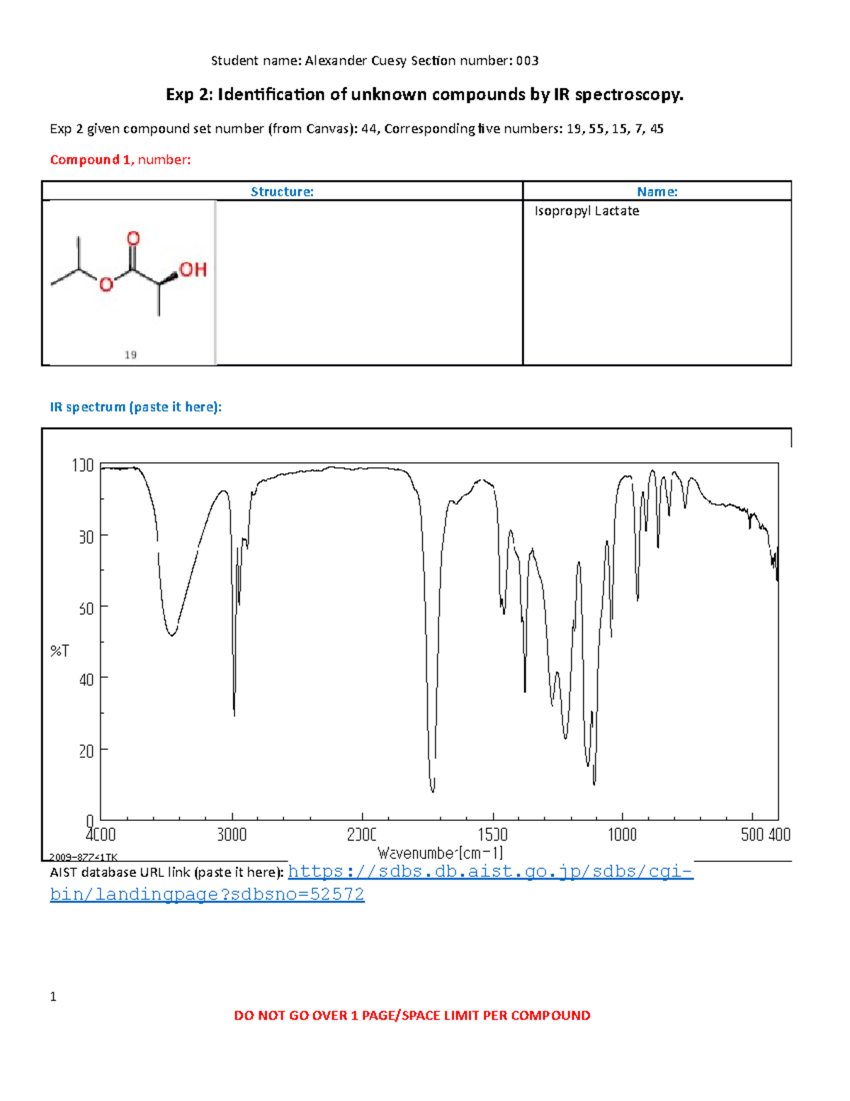 IR assignment template - Student name: Alexander Cuesy Section number: 003 Exp 2: Identification ...