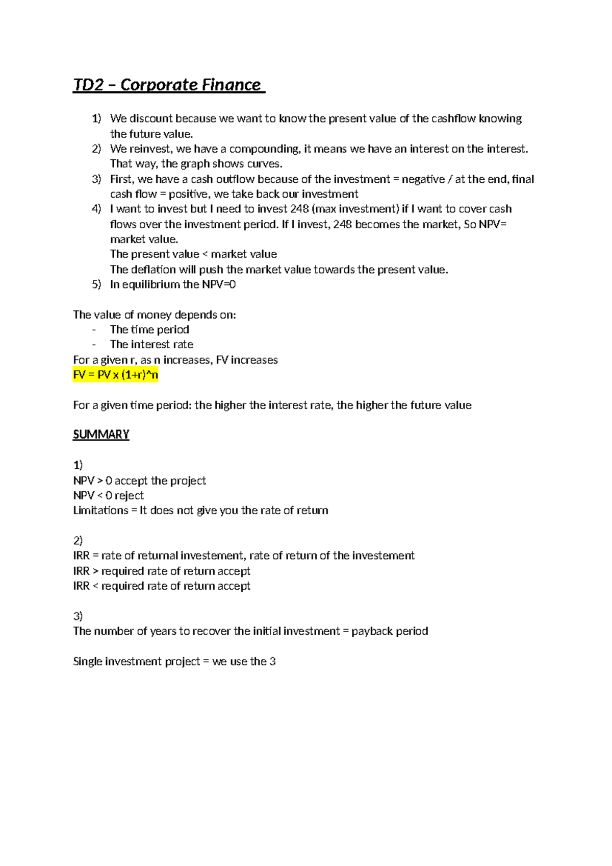 TD2 - corporate finance - TD2 – Corporate Finance 1) We discount ...