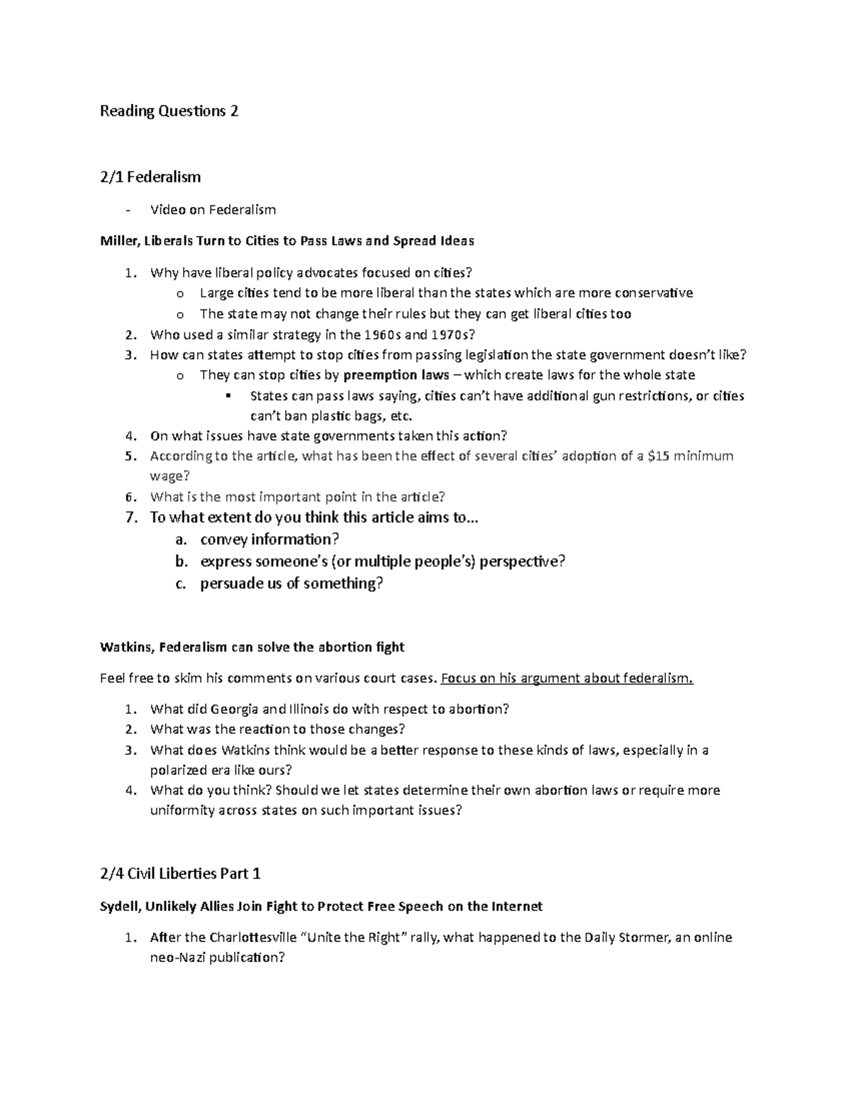 Reading Questions 2 - On what issues have state governments taken this ...