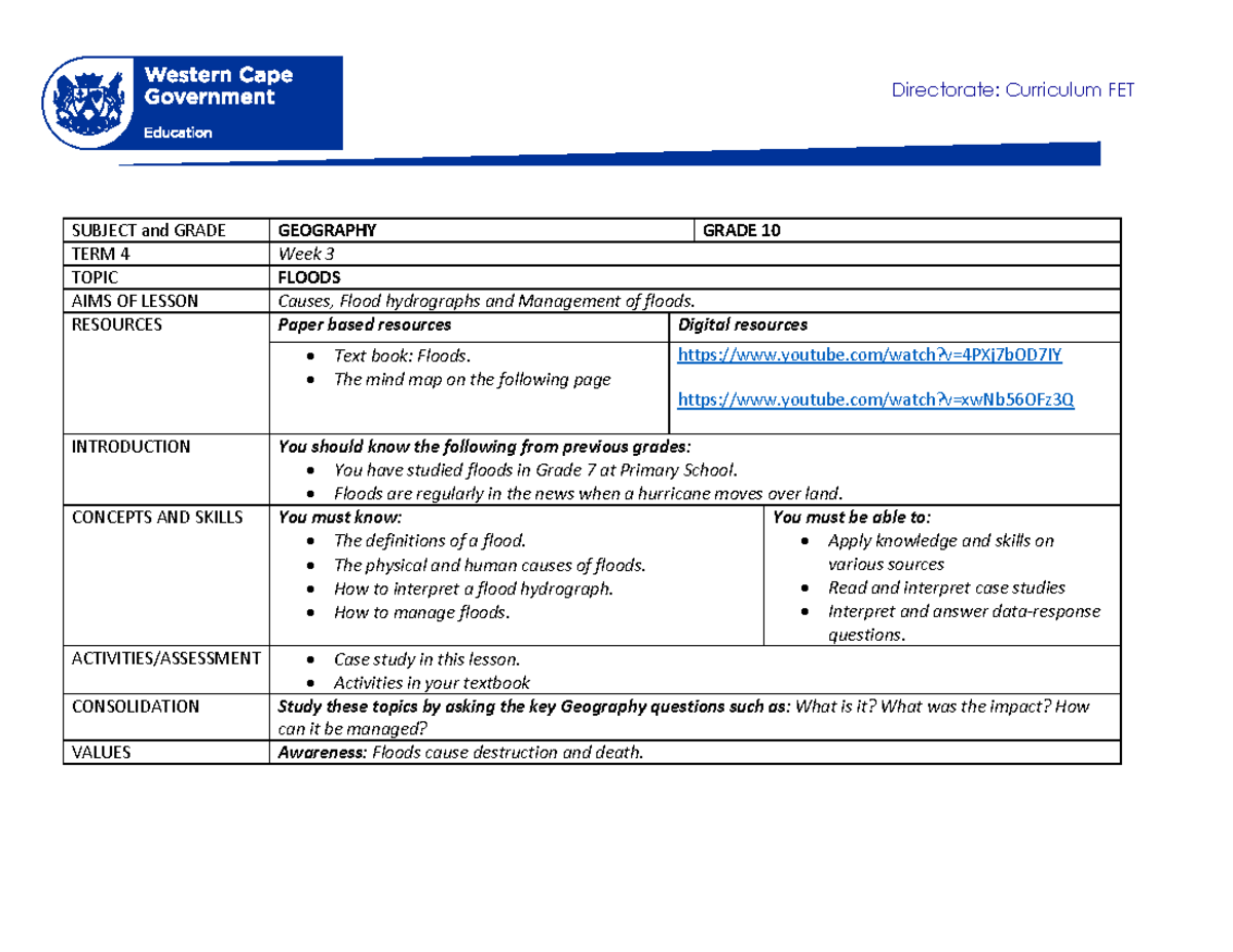 Floods T4 W3 - Notes - Directorate: Curriculum FET SUBJECT and GRADE ...