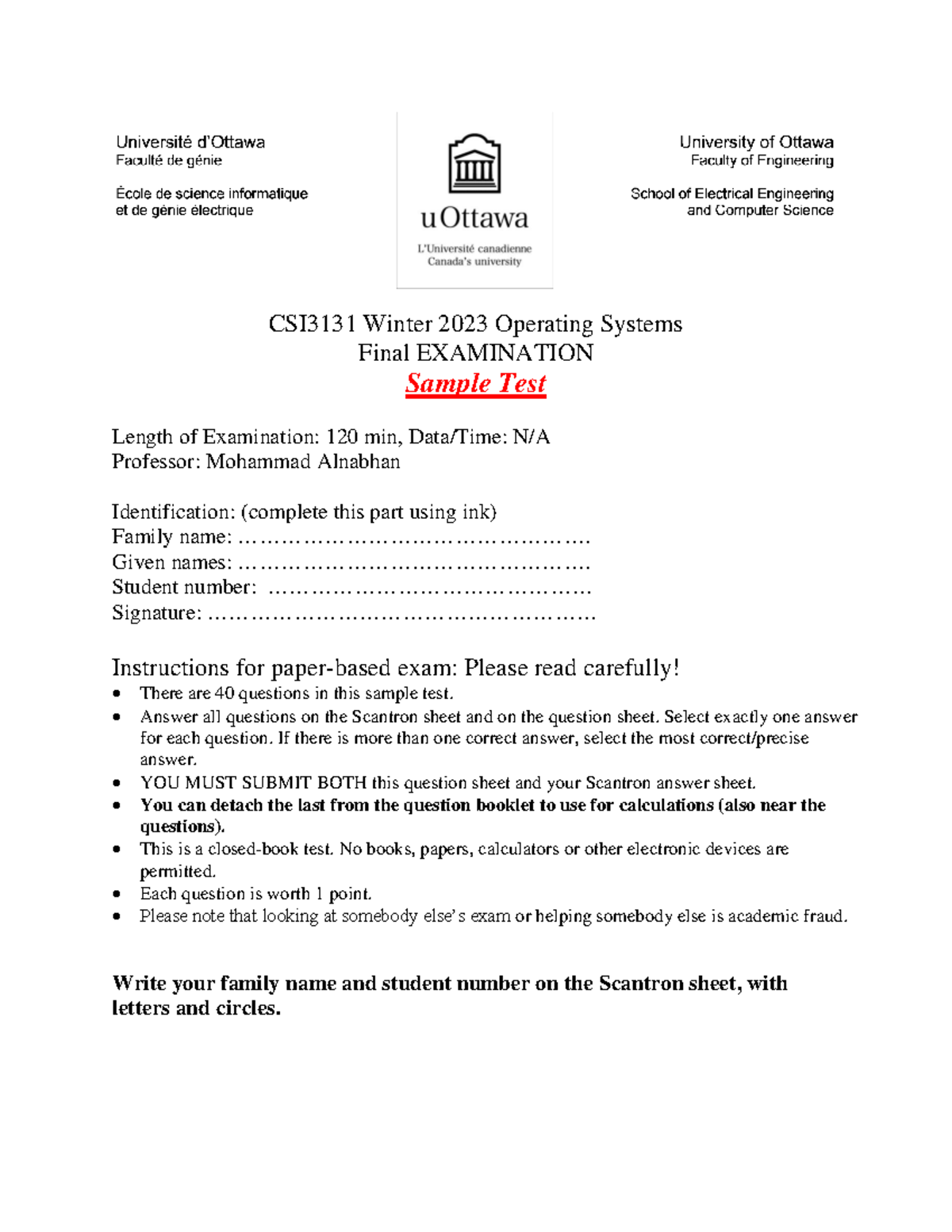 CSI3131 Sample Test Winter 2023 Operating Systems - CSI3131 Winter 2023 ...