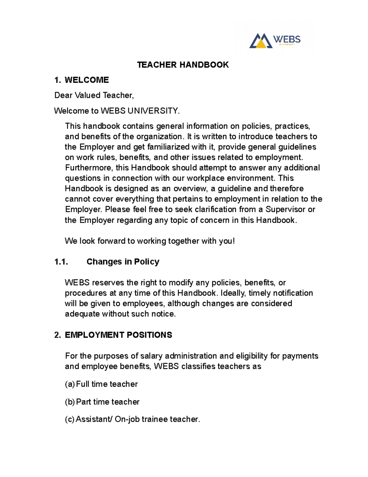 Teacher Handboook Manual - TEACHER HANDBOOK 1. WELCOME Dear Valued ...