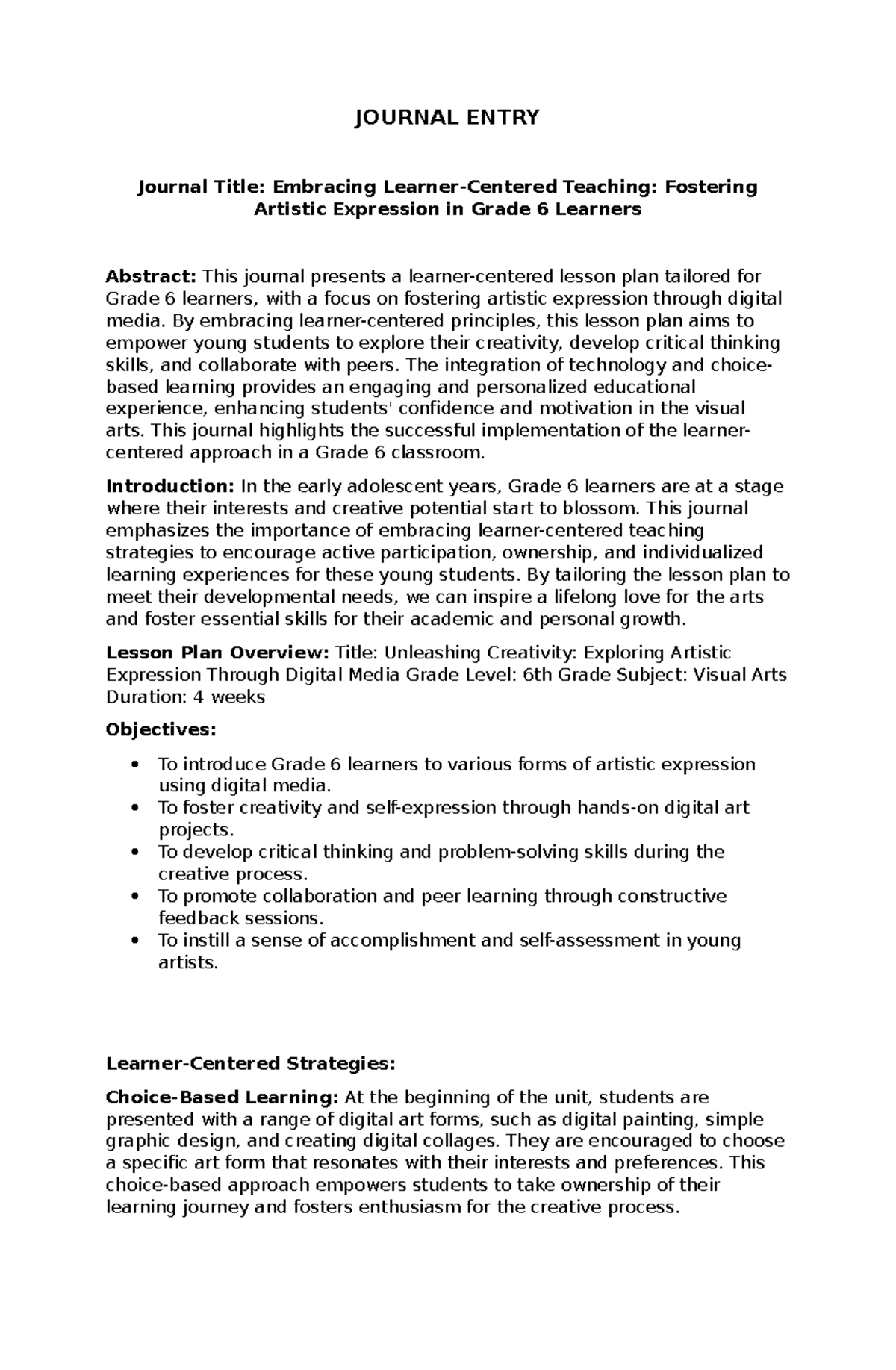 Journal Entry - JOURNAL ENTRY Journal Title: Embracing Learner-Centered ...