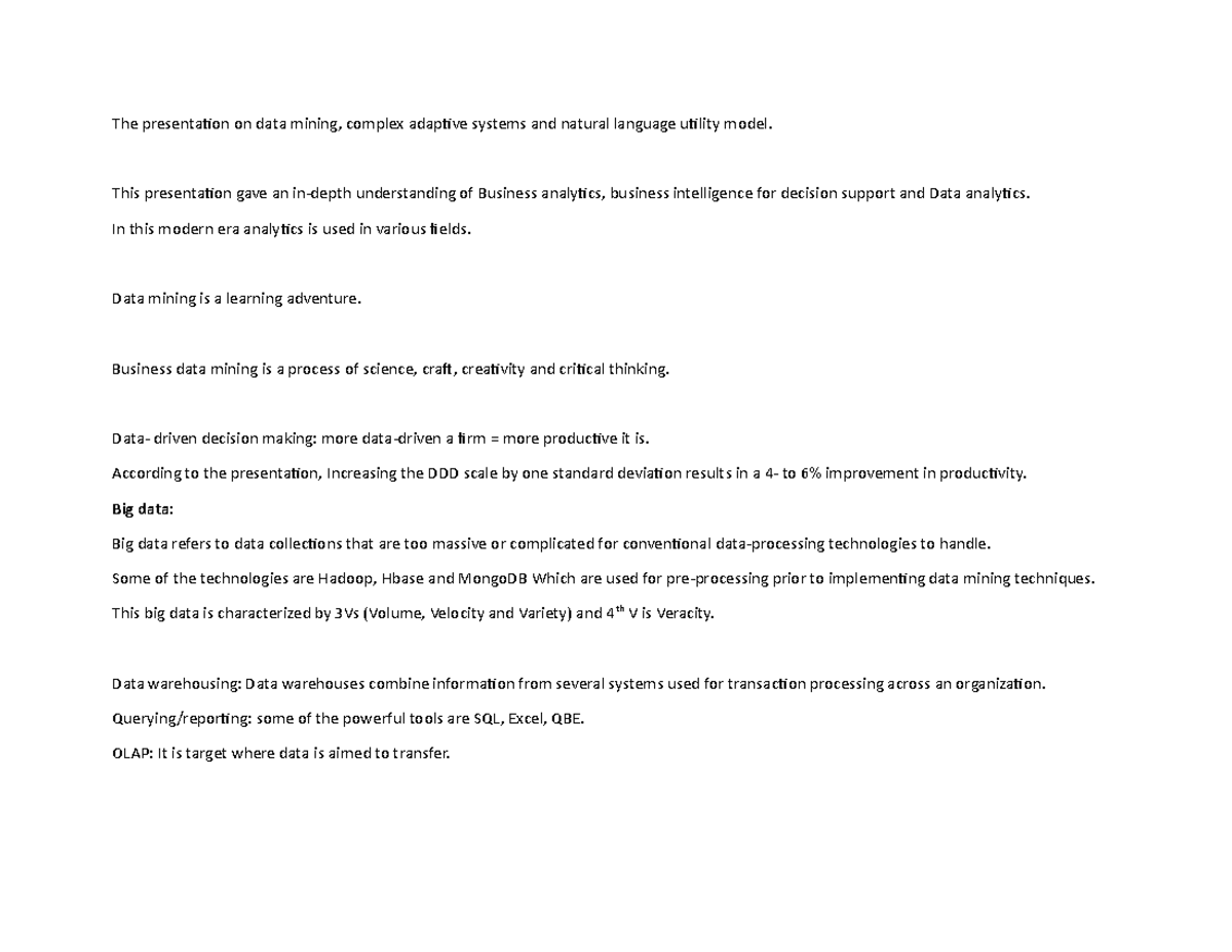 Discussion - The presentation on data mining, complex adaptive systems and natural language ...