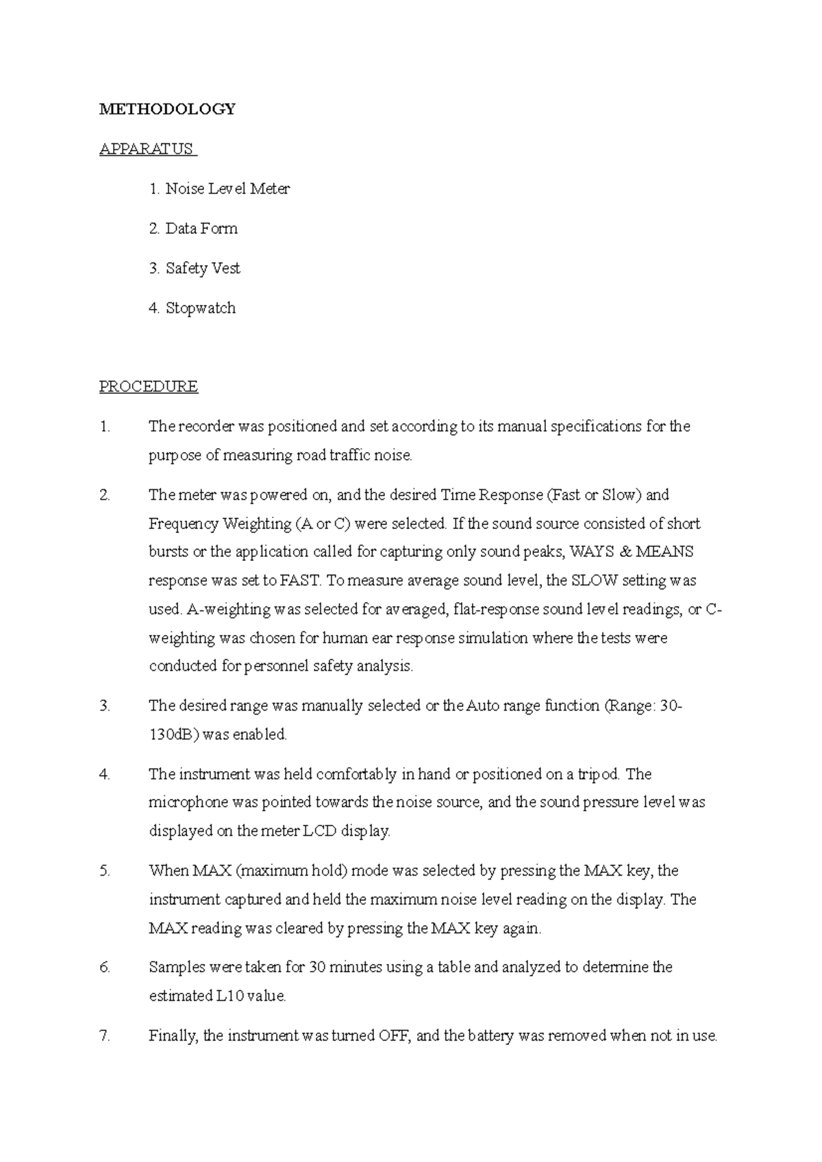 Methodology Noise Level Lab - METHODOLOGY APPARATUS Noise Level Meter ...