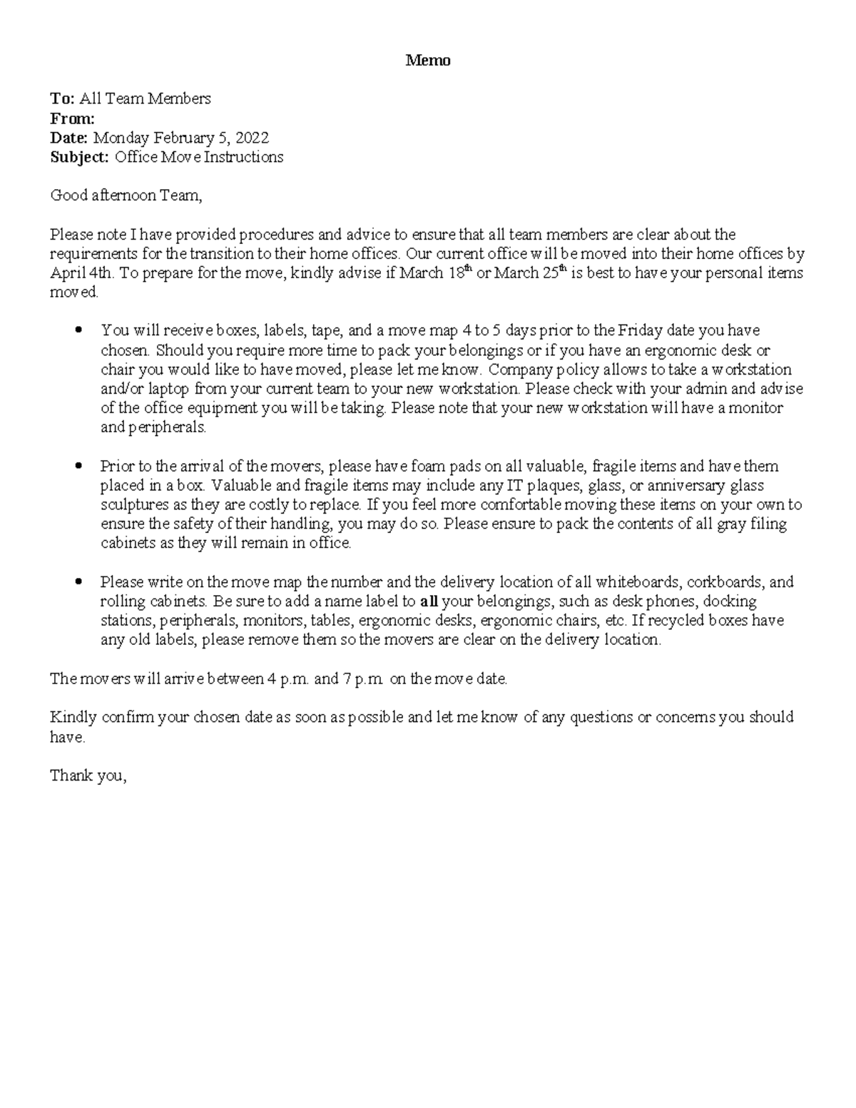 Comm Package - Memo To: All Team Members From: Date: Monday February 5 ...