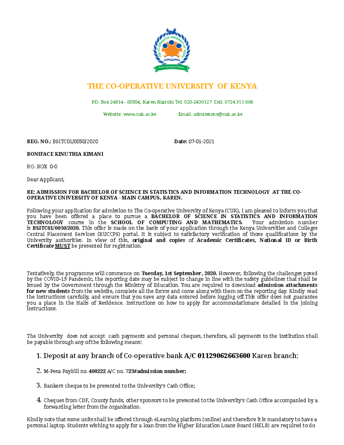 Admission Letter - THE CO-OPERATIVE UNIVERSITY OF KENYA P. Box 24814 ...