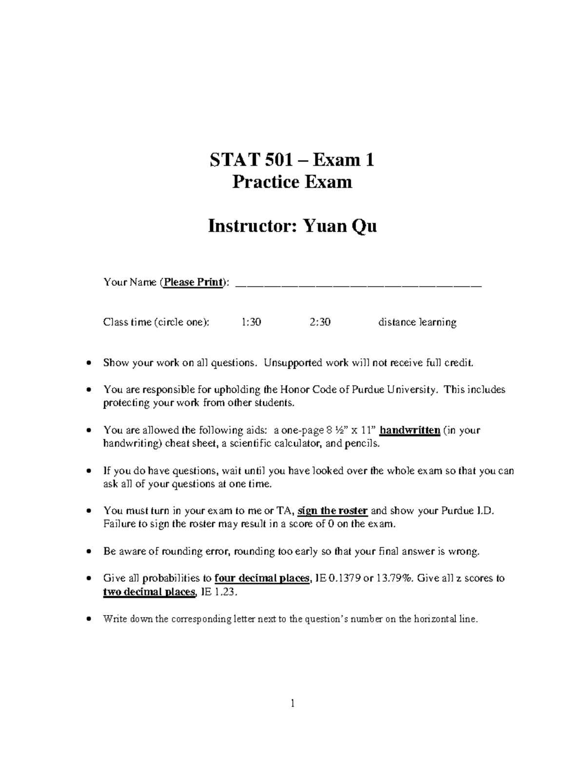 501Exam 1 Practice Exam - STAT 501 – Exam 1 Practice Exam Instructor ...