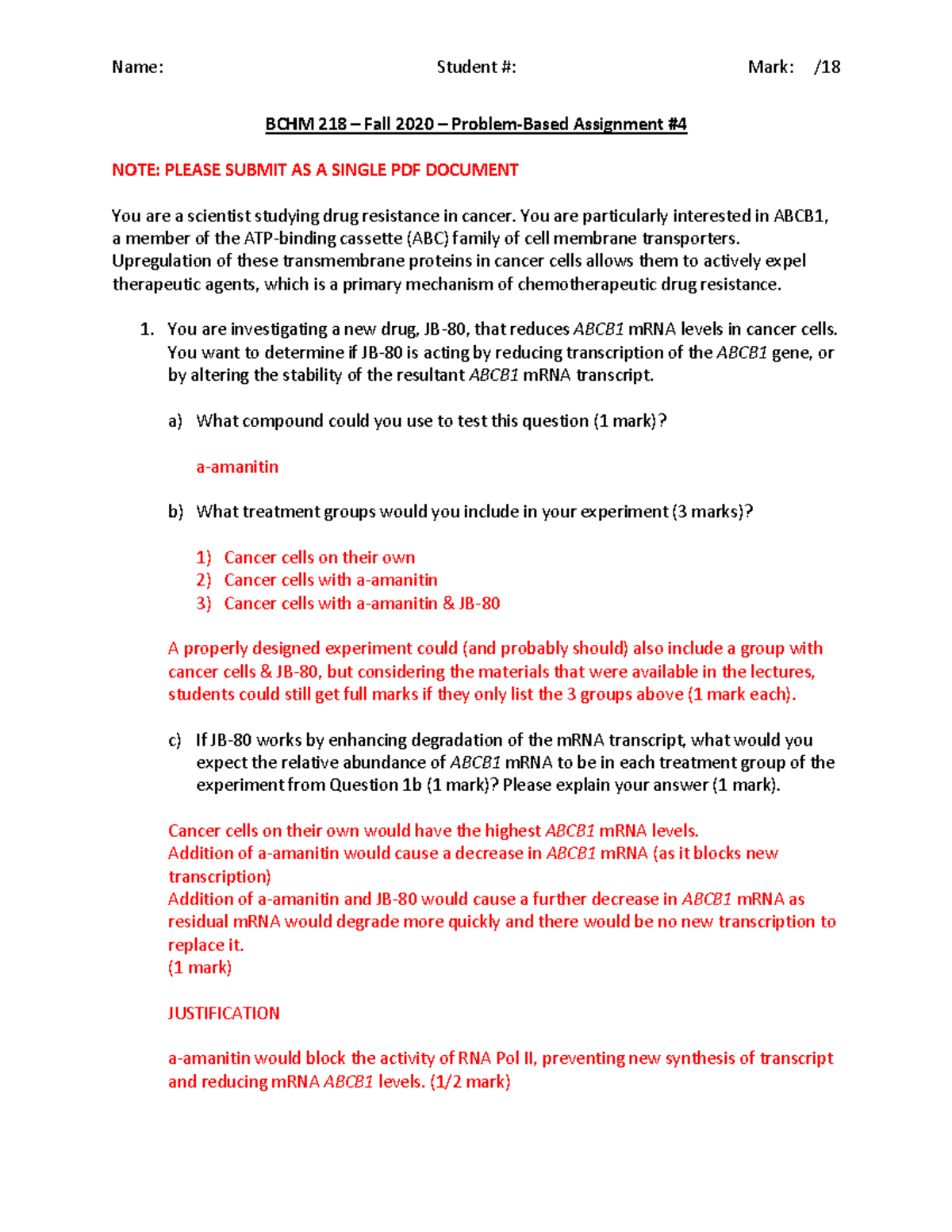 PBA4 Answers - Name: Student #: Mark: / 18 BCHM 218 – Fall 2020 ...