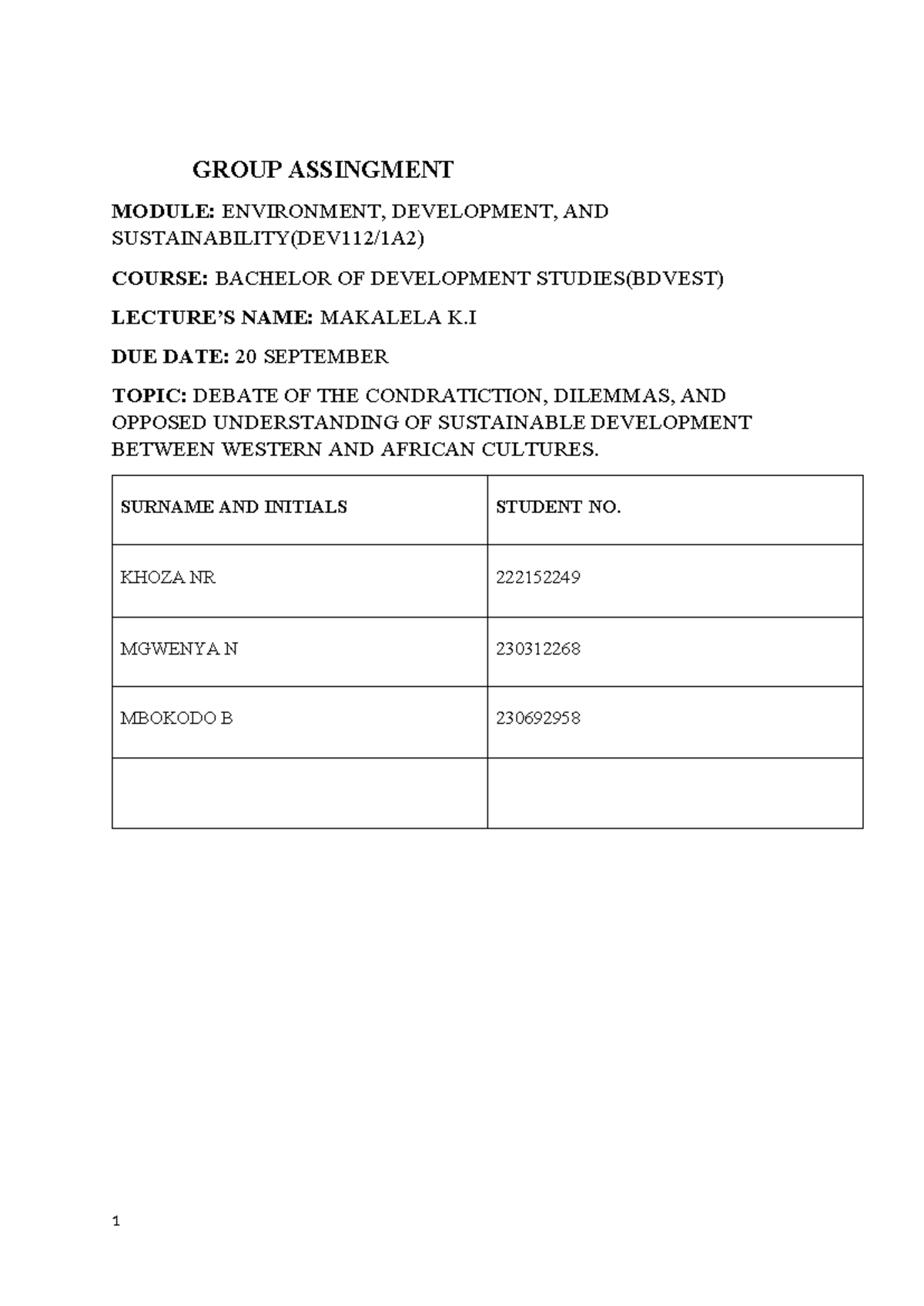 Dev 112 due 20 september - GROUP ASSINGMENT MODULE: ENVIRONMENT, DEVELOPMENT, AND - Studocu