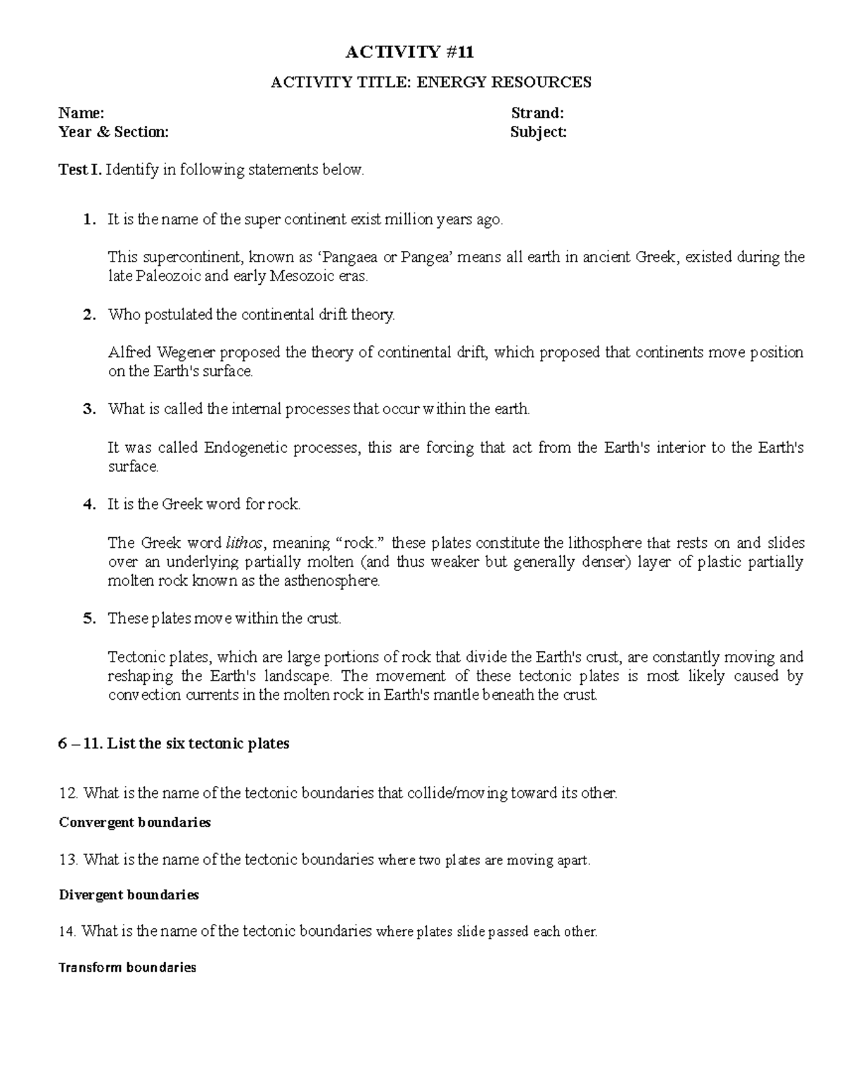 Earth and Science - ACTIVITY ACTIVITY TITLE: ENERGY RESOURCES Name ...