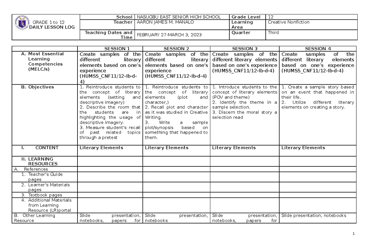 FEB 27- March 3, 2023 - lesson plan samples - GRADE 1 to 12 DAILY ...