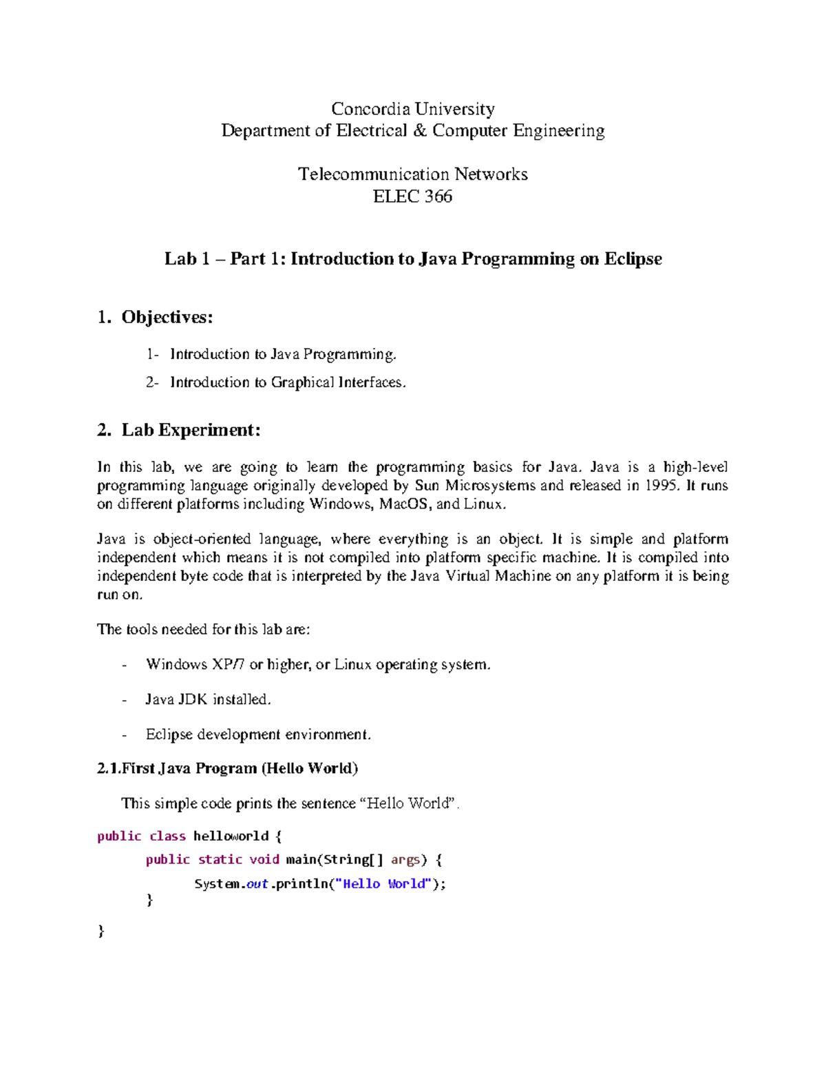 ELEC366 Lab1 Part1 JAVA - Concordia University Department of Electrical & Computer Engineering ...