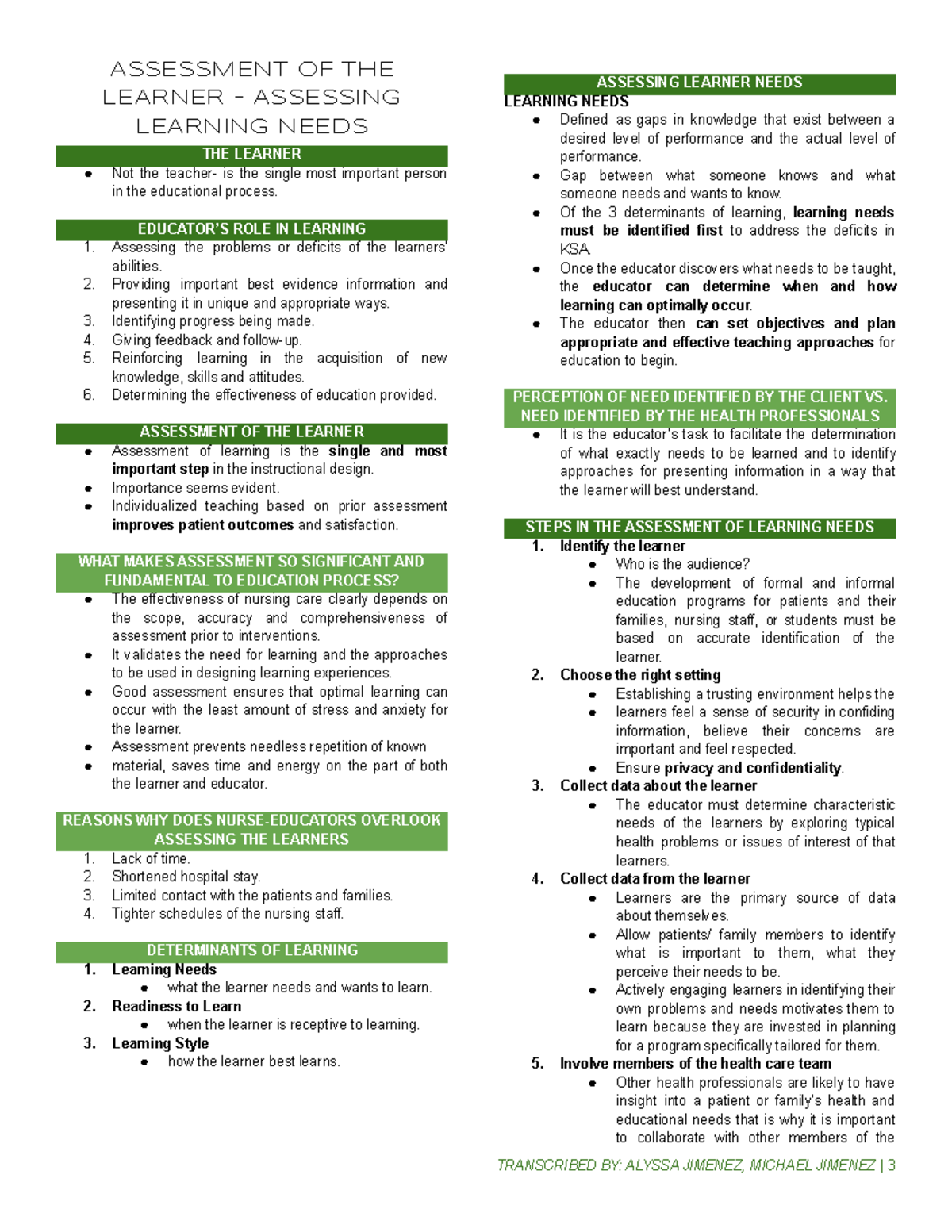 THE Learner - ASSESSMENT OF THE LEARNER - ASSESSING LEARNING NEEDS THE ...