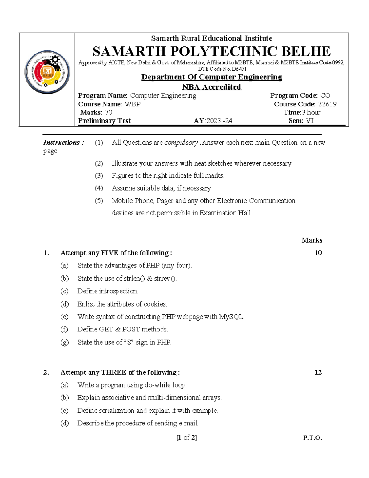 WBP (PHP) Prelim Papers - Samarth Rural Educational Institute SAMARTH POLYTECHNIC BELHE Approved ...