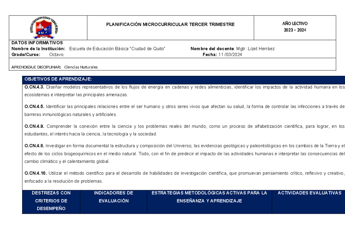 PLAN 3 Trimestre 8VO - PLAN DE CIENCIAS - OBJETIVOS DE APRENDIZAJE: O ...