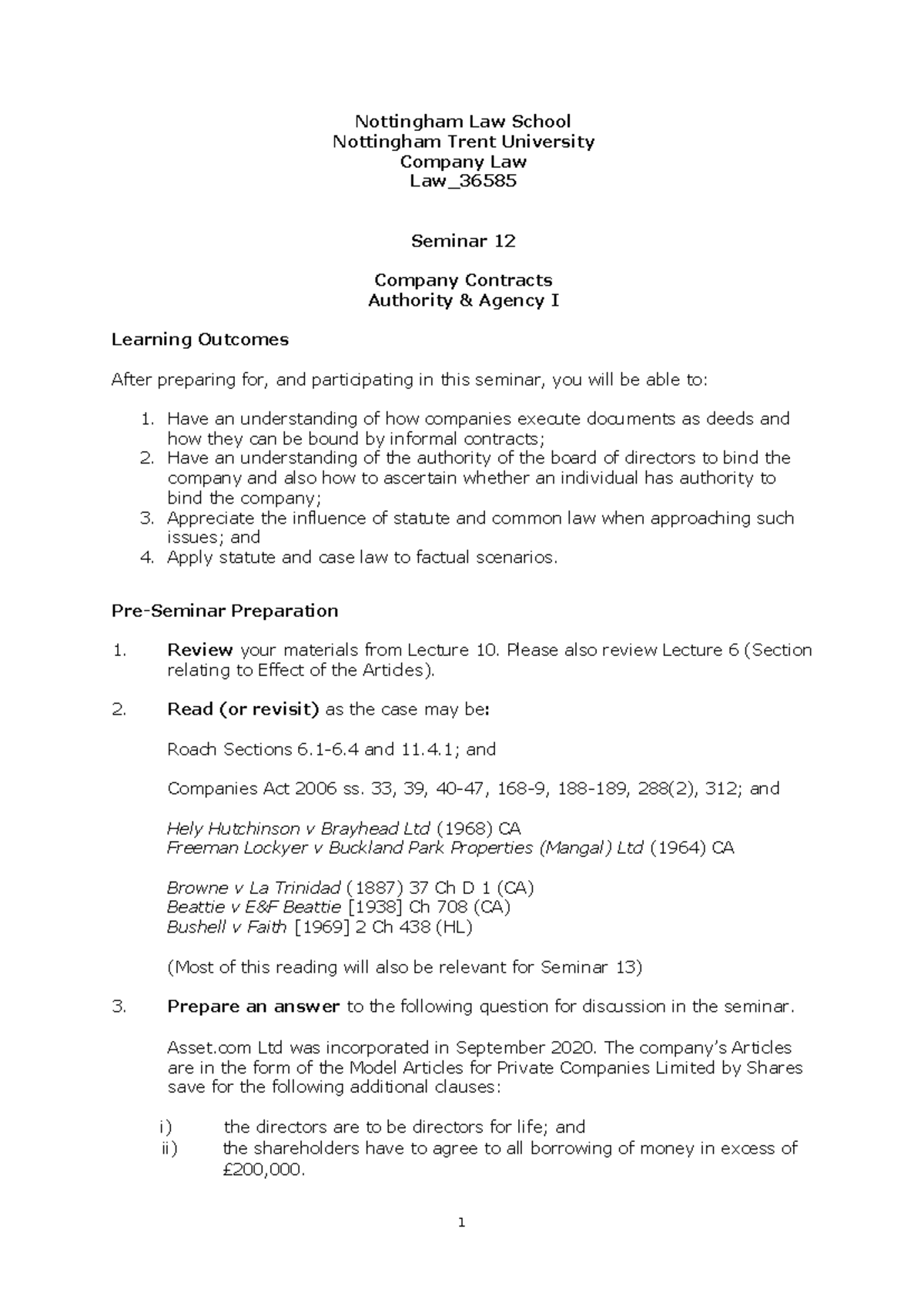 Seminar 12 Worksheet - Company Contracts I - Nottingham Law School ...