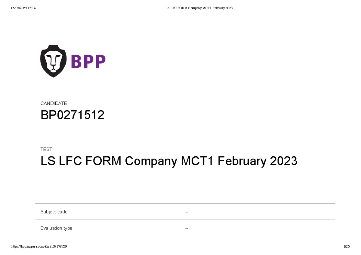 Company law formative assessment - Subject code - Evaluation type ...