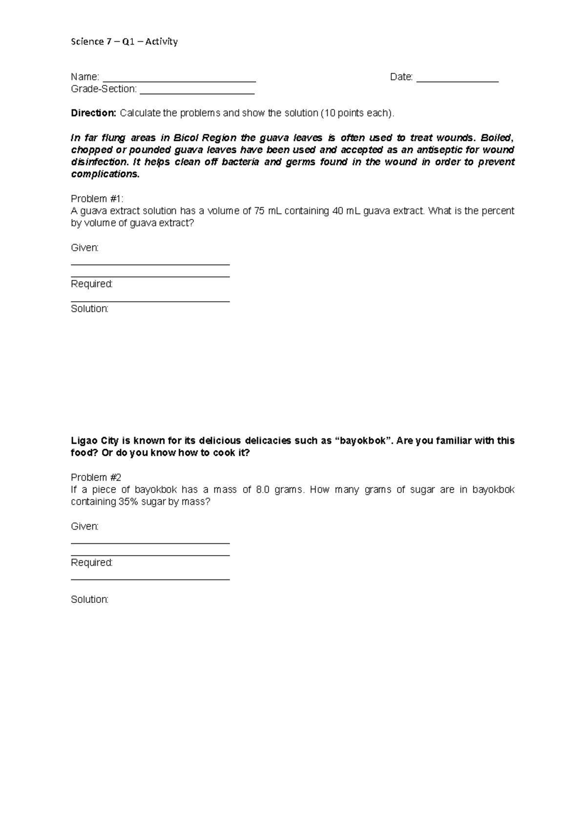 Concentration of Solution Activities - Science 7 – Q1 – Activity Name