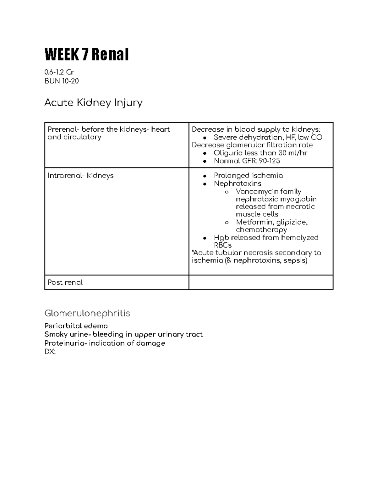 Lecture notes on week 7 renal system labs diagnostics and other stuff ...