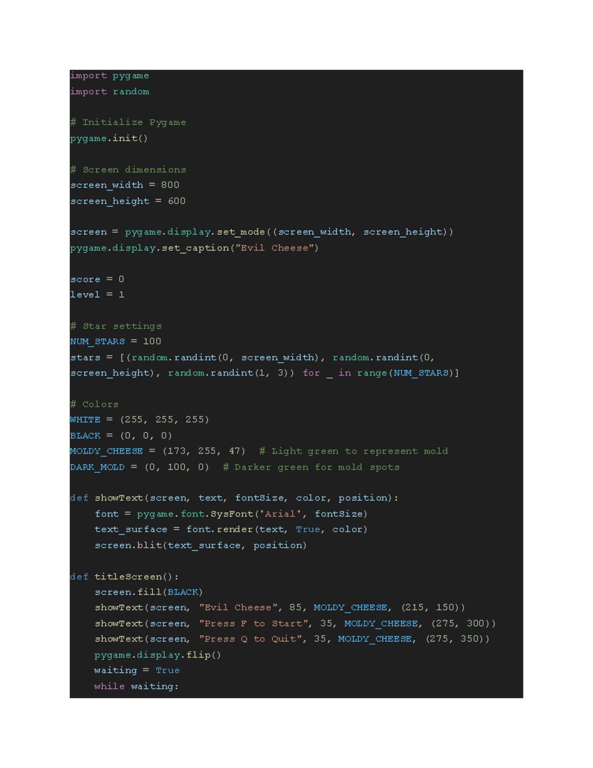 Comp Sci - jkfkjwhfj - import pygame import random Initialize Pygame pygame() Screen dimensions ...