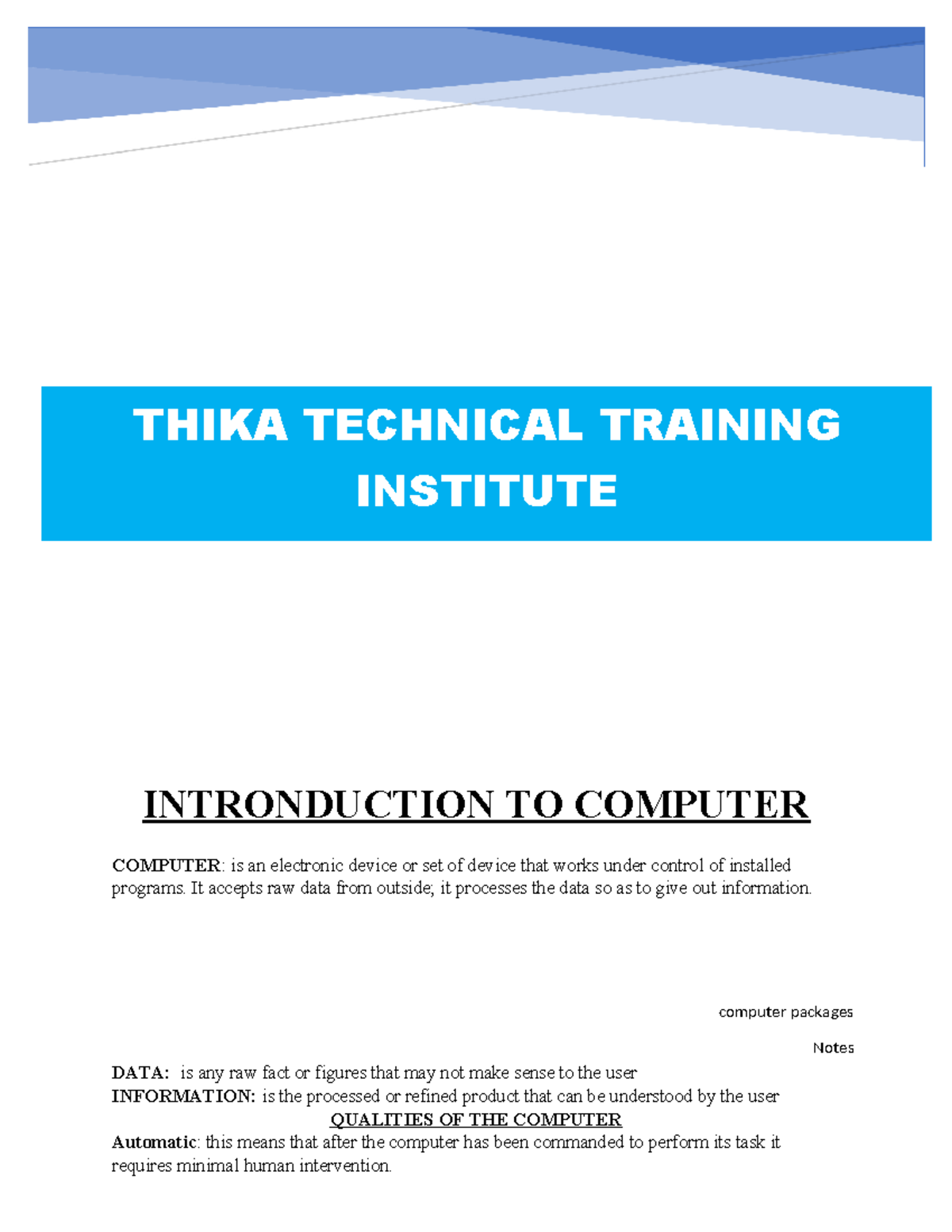 Computer packages - Lecture notes - INTRONDUCTION TO COMPUTER COMPUTER ...
