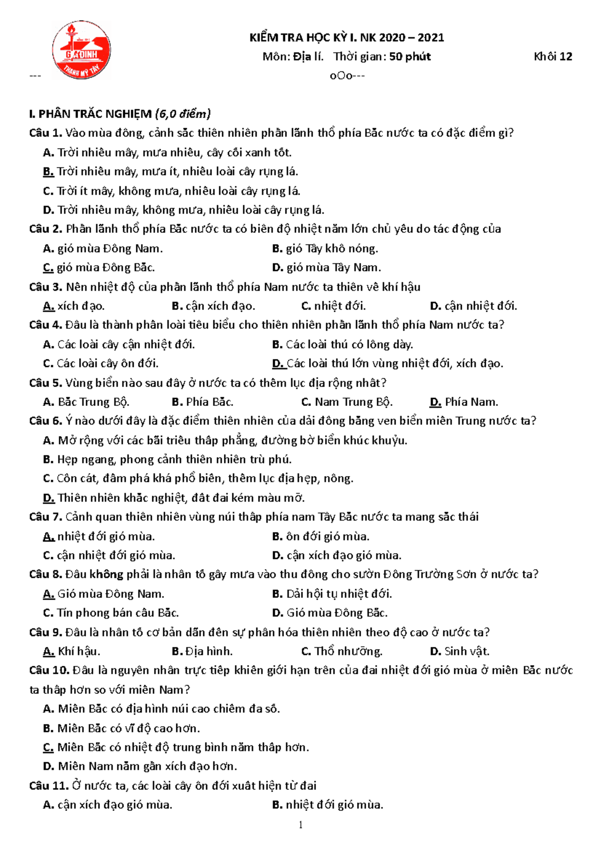 2021-2022 DL12 HK1 On-thi-HK1-GV-1 - KI M TRA H C KỲ I. NK 2020 – 2021Ể Ọ Môn: Đ a líị. Th i ...