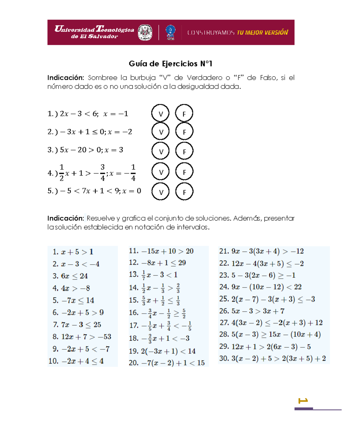 GUÍA N°1 Unidad 1 - Primer guia de matemáticas - 1 Guía de Ejercicios N ...
