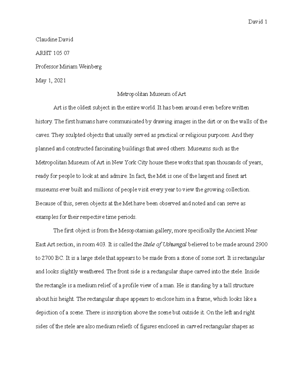 Art History Museum paper - David 1 Claudine David ARHT 105 07 Professor ...